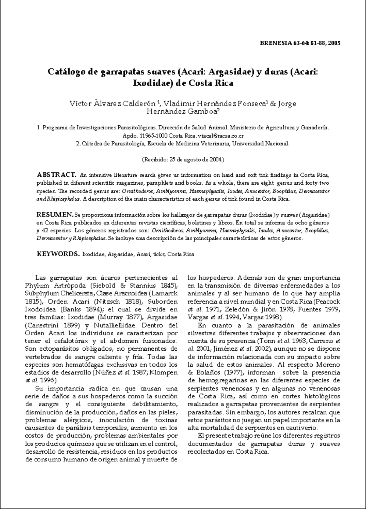 Articulo - Catalogo de garrapatas suaves (Acari Argasidae) y duras ...