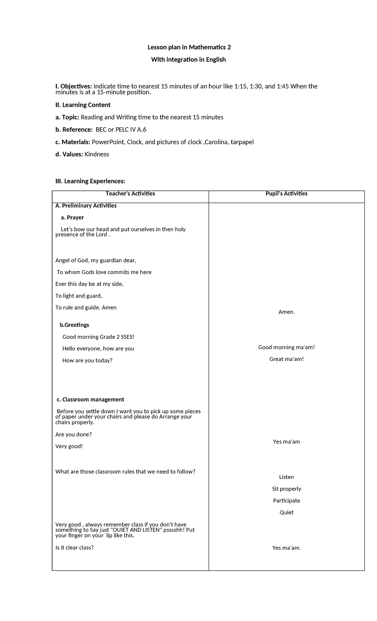 Clock - Lesson plan in Mathematics 2 With integration in English I ...