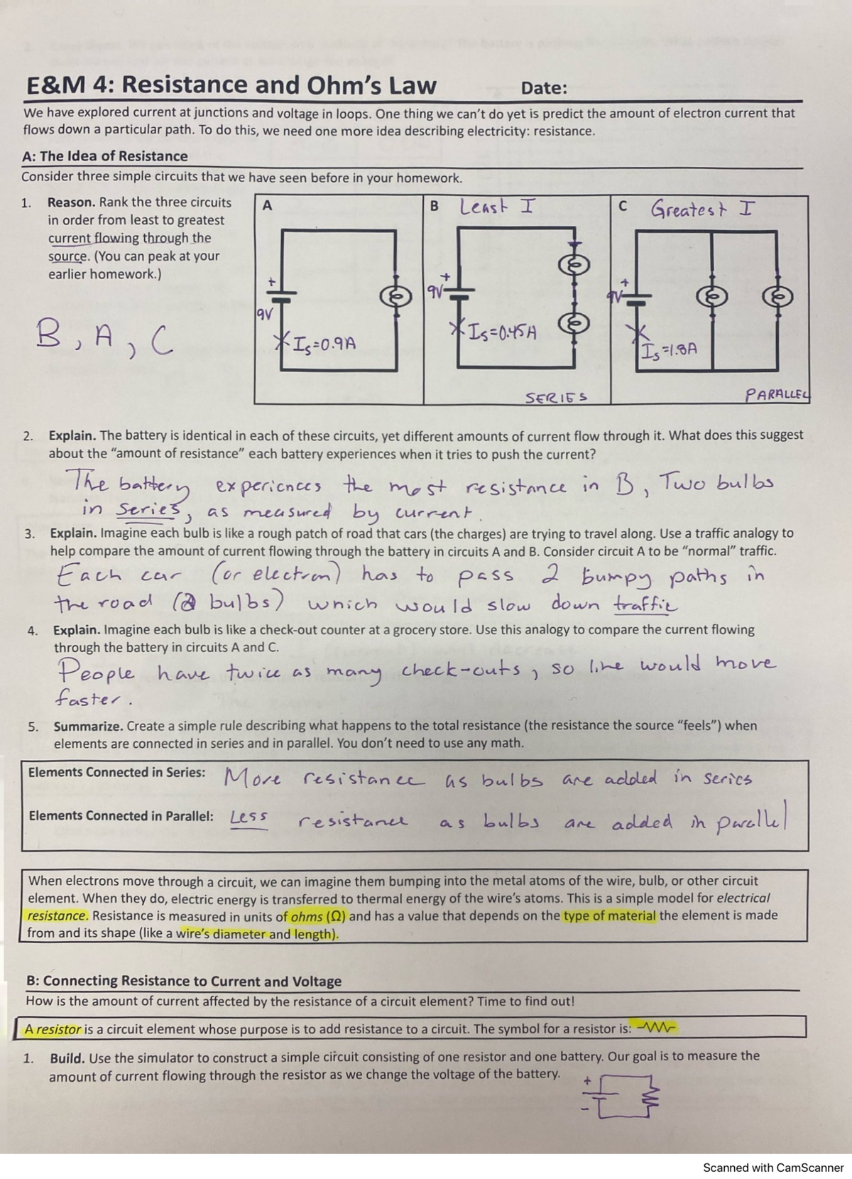 5.4 Resistance and Ohm's Law - Filled - 4: Resistance and Law Date: We ...