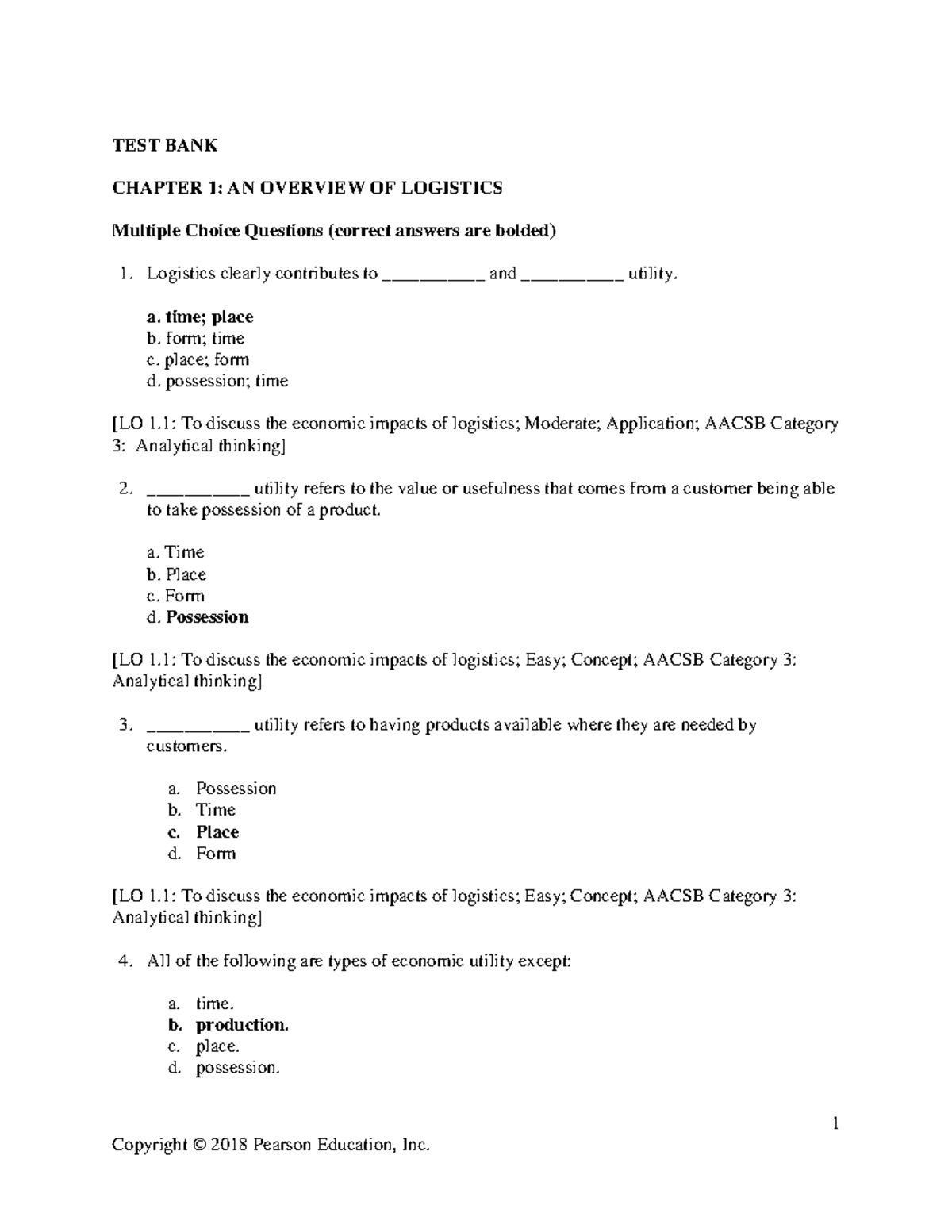 Chapter 1 - An Overview of Logistics - 1 TEST BANK CHAPTER 1: AN ...