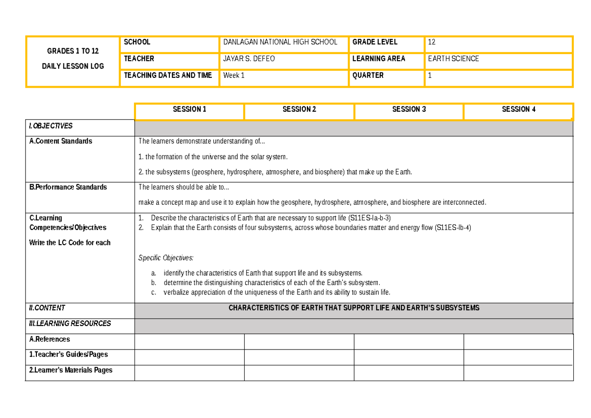earth science quarter 1 week 1 lesson plan - GRADES 1 TO 12 DAILY ...