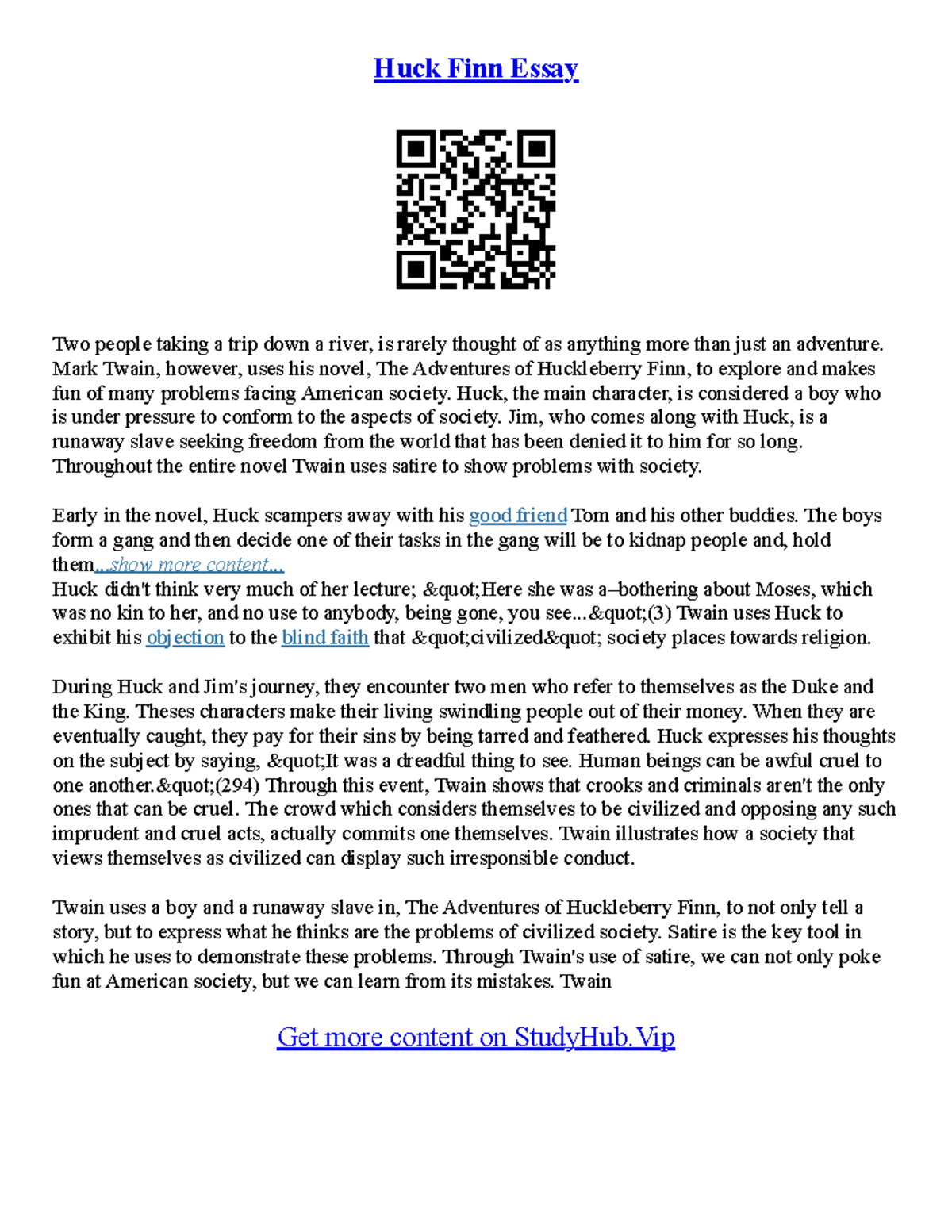 Huck Finn Essay Questions - Huck Finn Essay Two people taking a trip ...