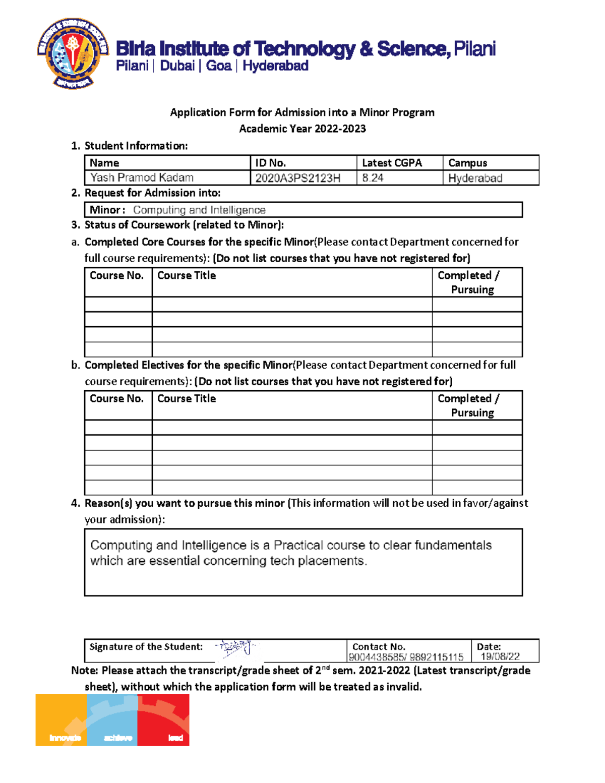 Minor-application-form-2022 23 Edited - Application Form for Admission ...