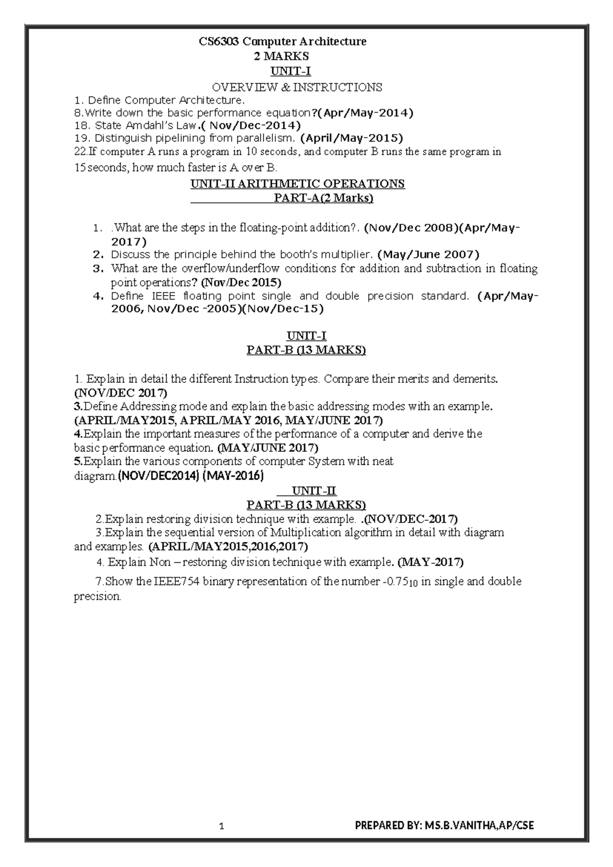 CA(6303)QB - CS6303 Computer Architecture 2 MARKS UNIT-I OVERVIEW & INSTRUCTIONS 1. Define - Studocu