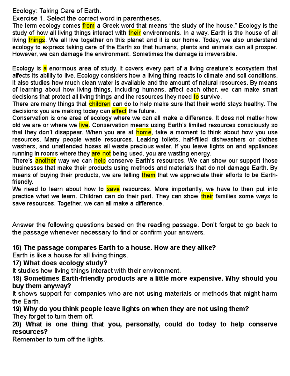 Ecology reading comprehension - Ecology: Taking Care of Earth. Exercise ...