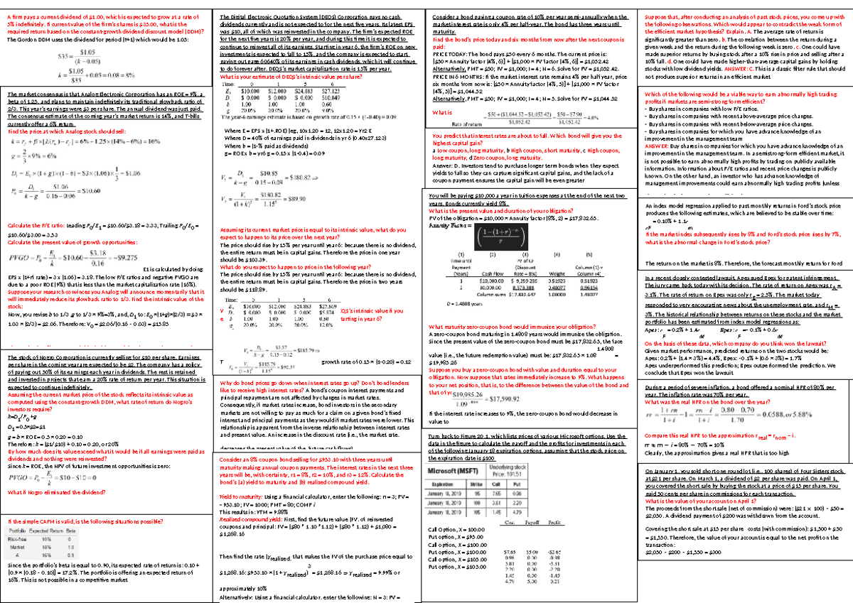 Tutorial Questions Cheat Sheet for exam - A firm pays a current ...