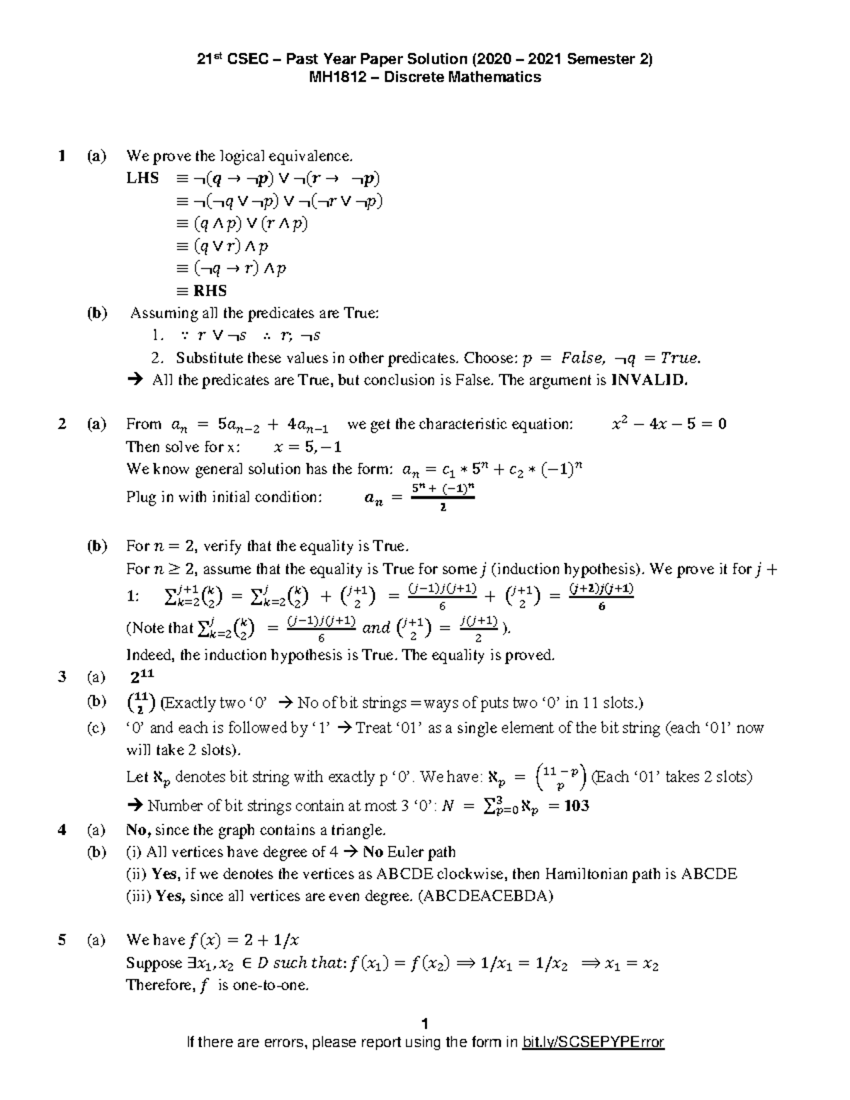MH1812 Y20-21 S2 - Past year paper for 20-21 sem 2 - 21 st CSEC – Past Year Paper Solution (2020 ...
