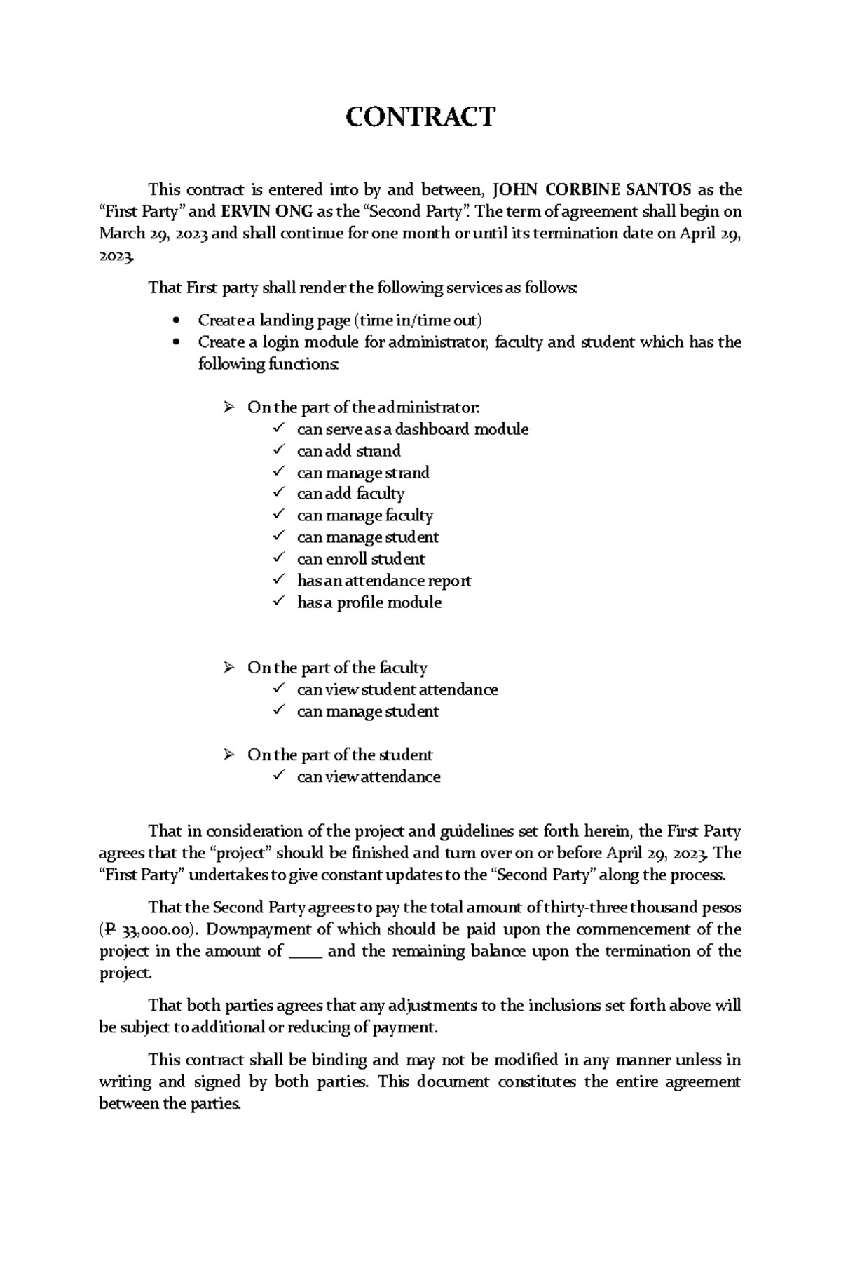 Contract Sample - CONTRACT This contract is entered into by and between ...