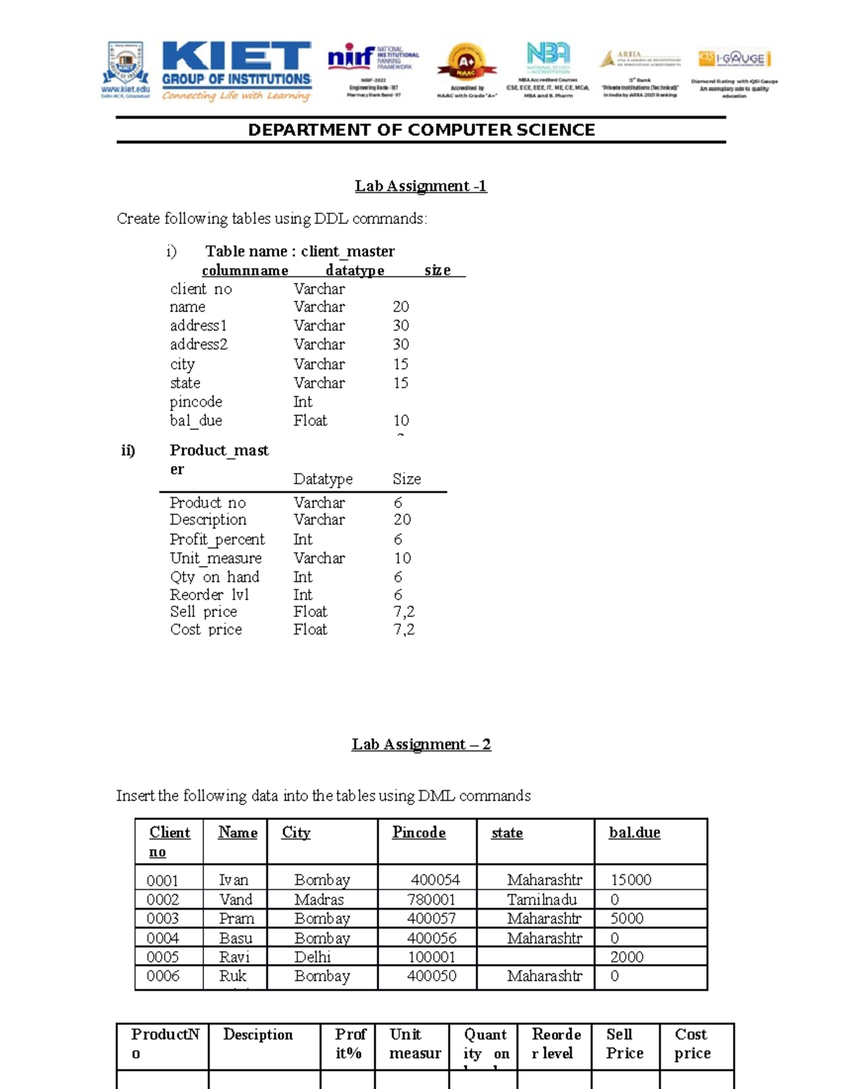 Assignments- Lab - Lab Assignment - Create following tables using DDL commands: i) Table name ...