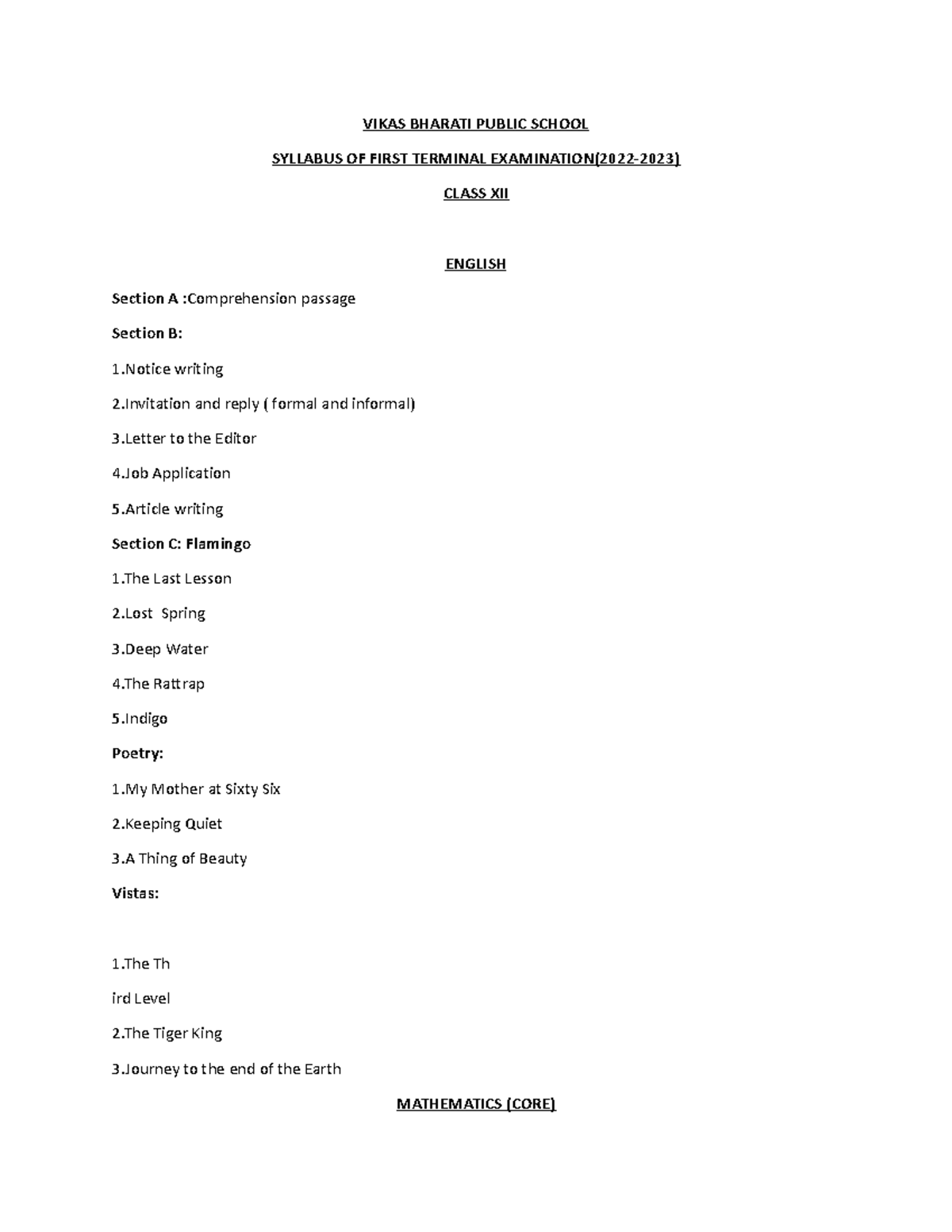 Class XII Term 1 syllabus - VIKAS BHARATI PUBLIC SCHOOL SYLLABUS OF ...