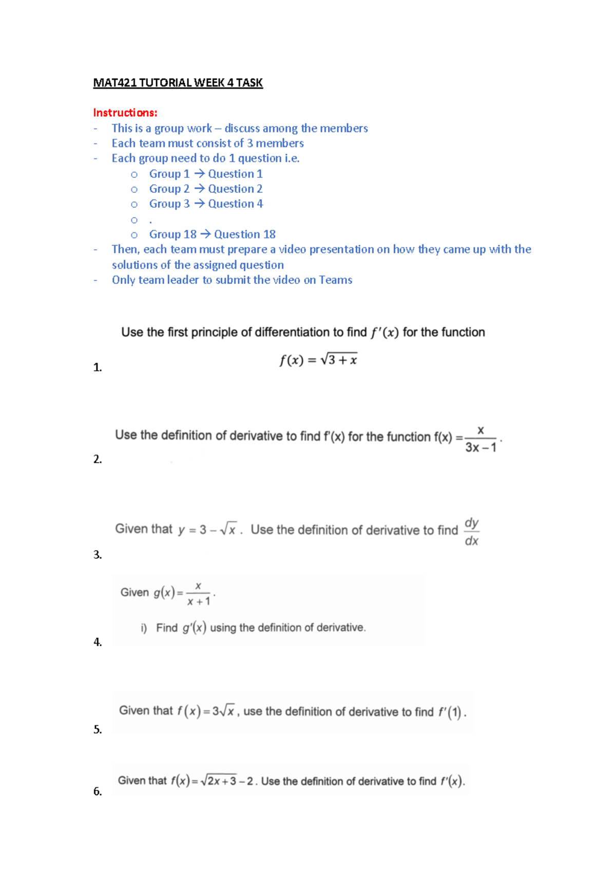 MAT421 Task Tutorial Week 4 - Calculus I - UiTM - Studocu