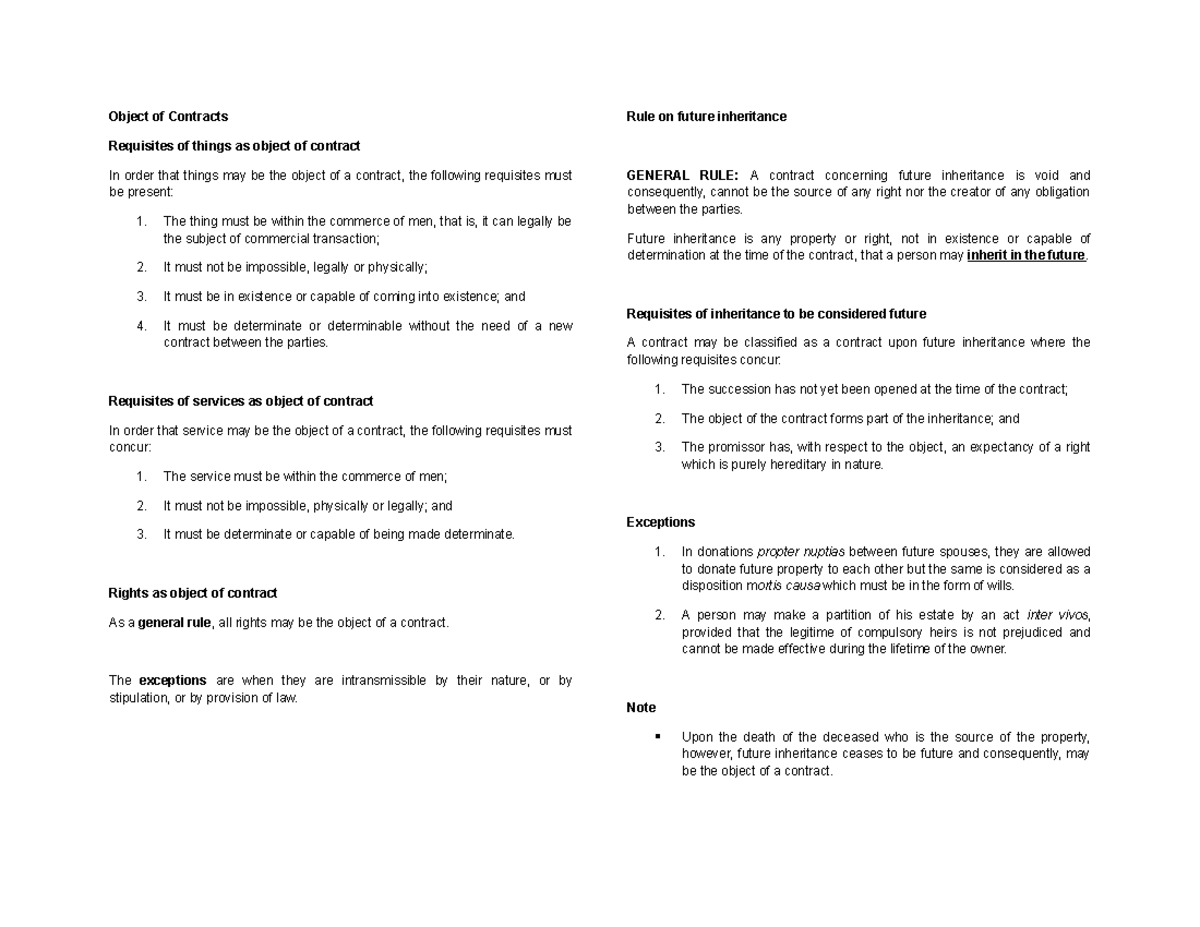 Notes Object-of-Contracts - Object of Contracts Requisites of things as ...