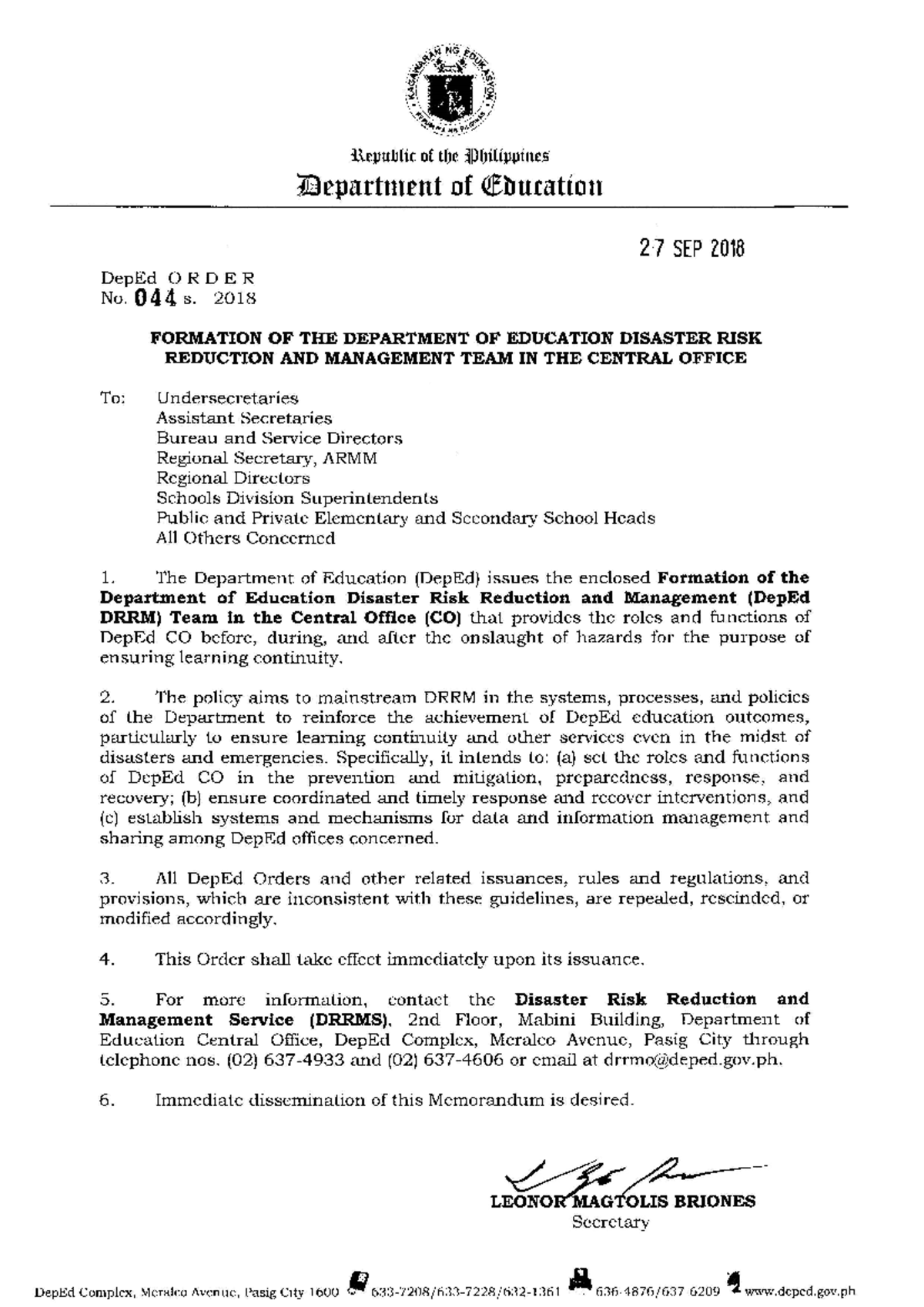 DO s2018 044 DRRM - This is a department order taken from department of ...