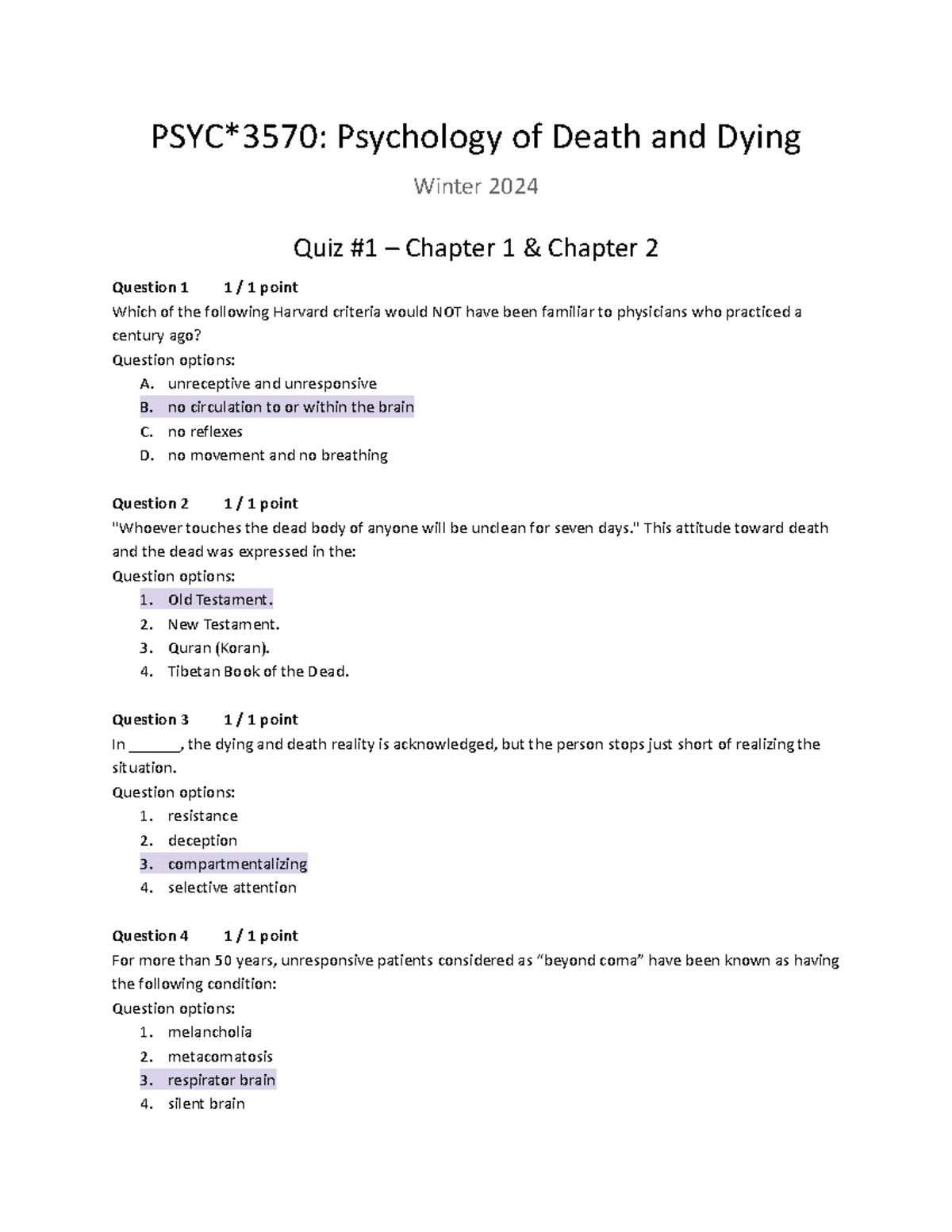 PSYC3570 QUIZ 1 - Quiz #1: Chapter 1-2 - PSYC*3570: Psychology of Death ...