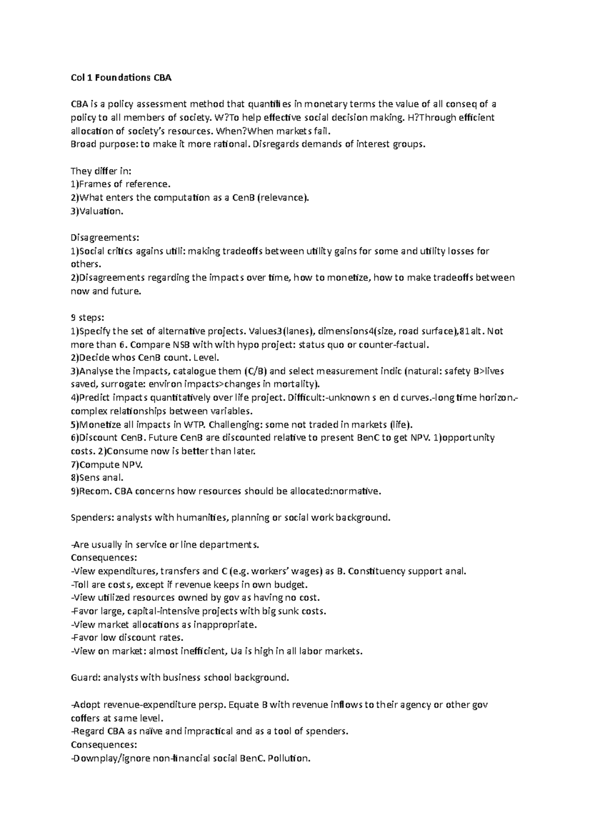 Summary CBA - all lectures - Col 1 Foundations CBA CBA is a policy ...