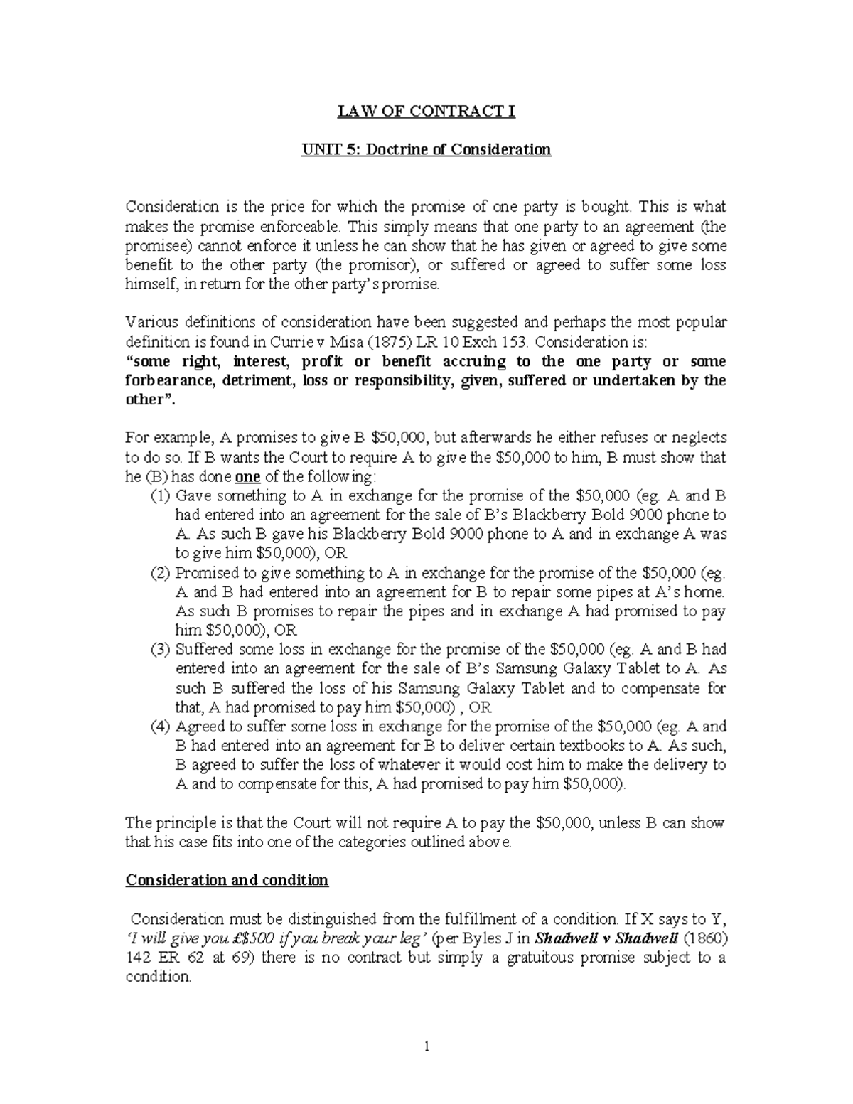 CONTRACT NOTES ON CONTRACTS IMPORTANCE - LAW OF CONTRACT I UNIT 5 ...