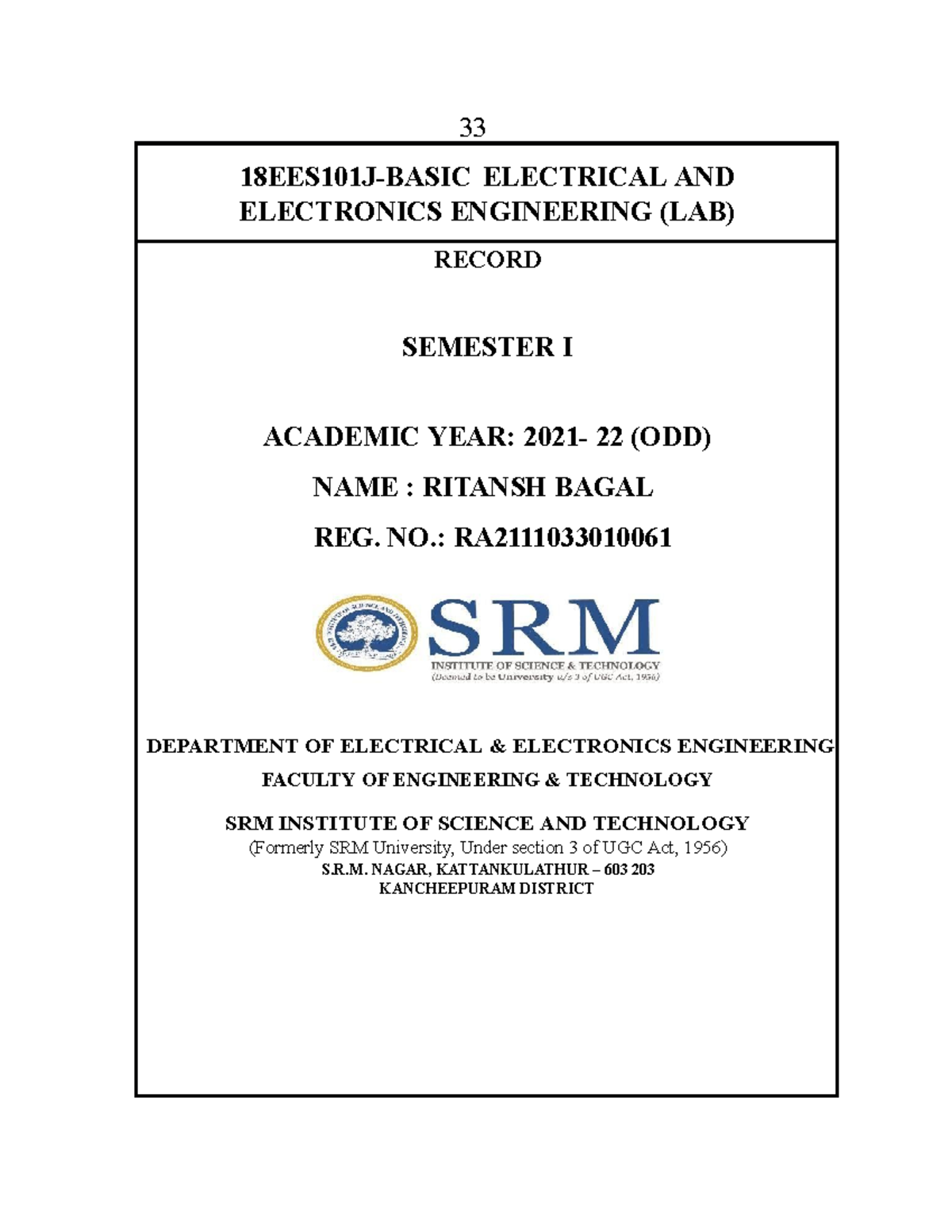 Exp2(verification of thevenin's theorem) - 33 18EES101J-BASIC ELECTRICAL AND ELECTRONICS ...