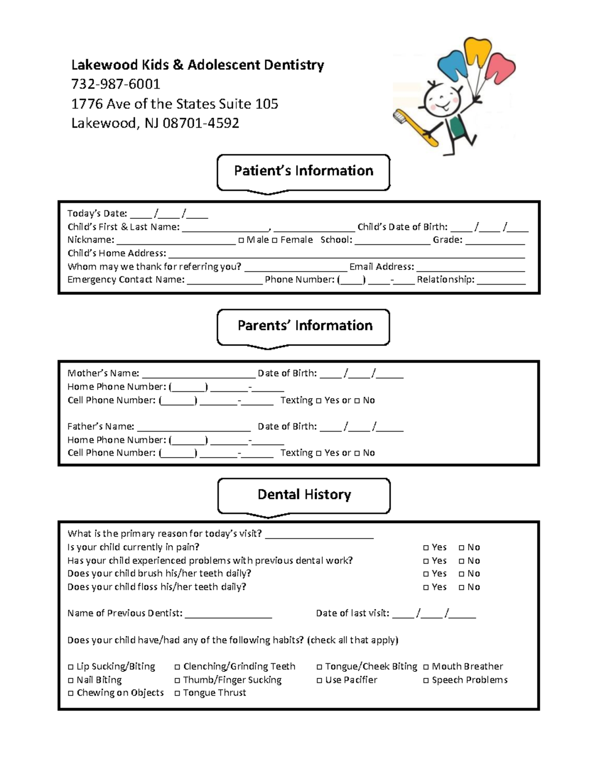 Updated NEW PT Registration Forms - Lakewood Kids & Adolescent ...