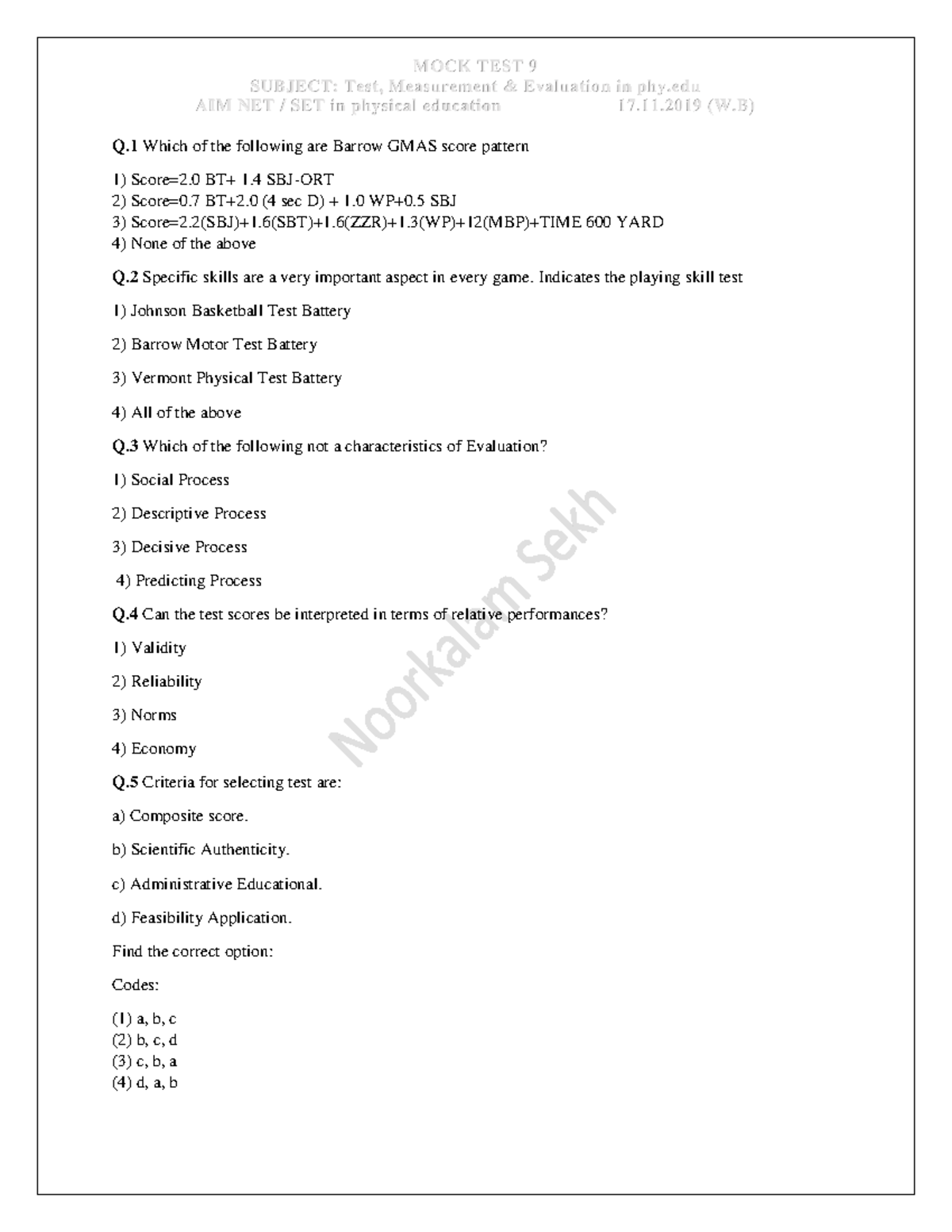 MOCK TEST 15 - Exercise purpose only - SUBJECT: Test, Measurement ...
