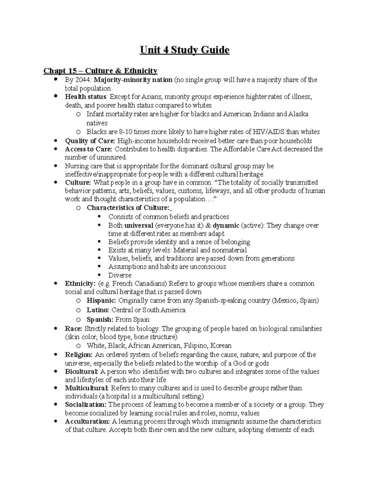NURS171-UNIT4 Studyguide - Unit 4 Study Guide Chapt 15 – Culture ...