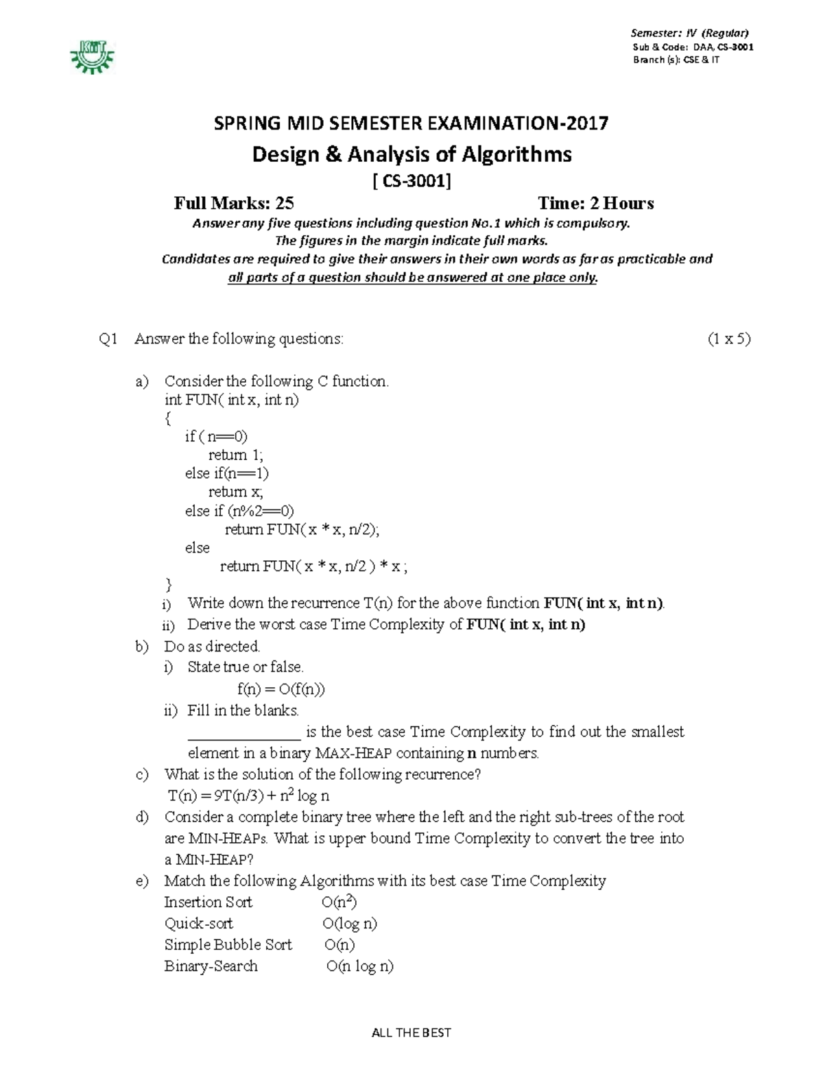 2017 DAA-QS MID- Regular - ALL THE BEST SPRING MID SEMESTER EXAMINATION ...