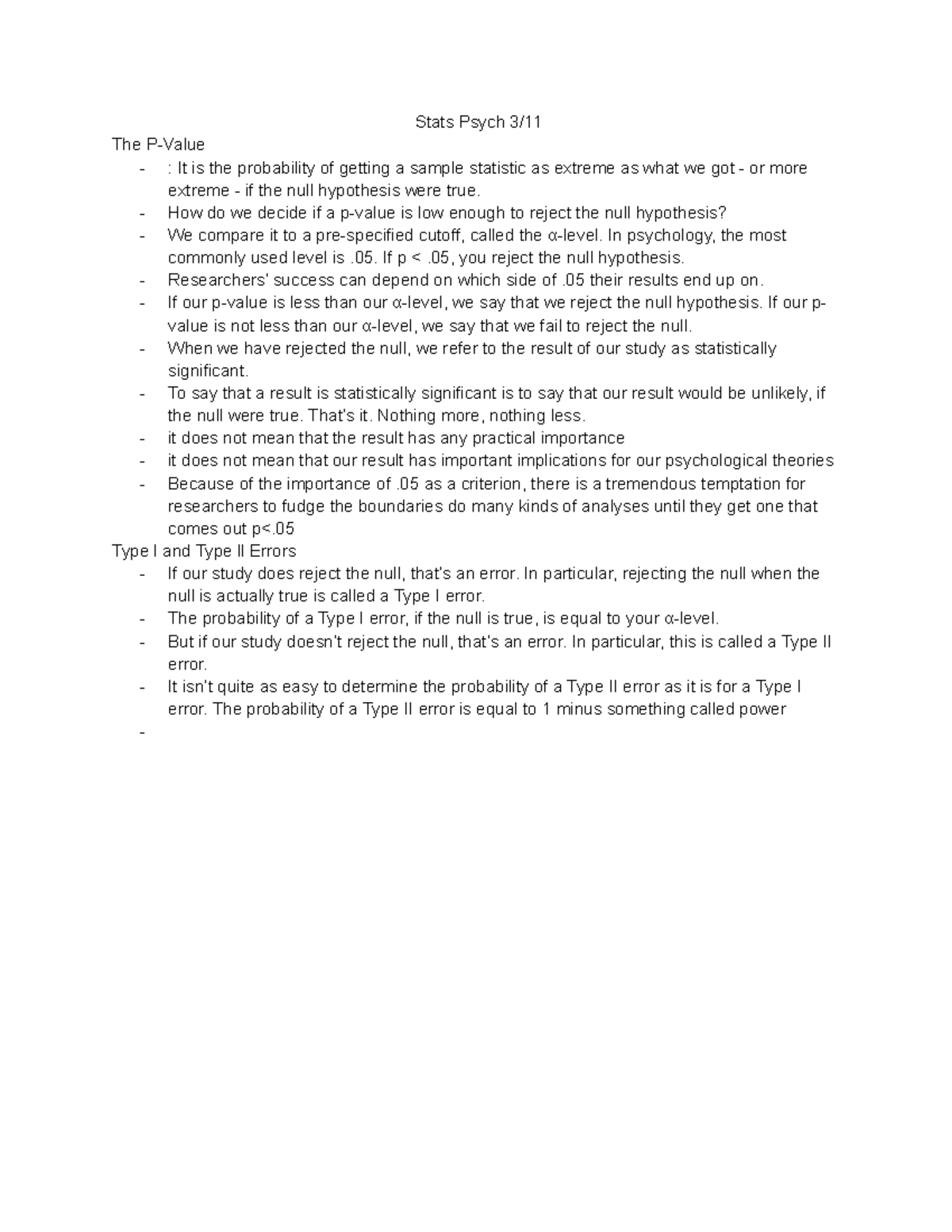 Psych Stats 3/11 - Stats Psych 3/ The P-Value : It is the probability ...