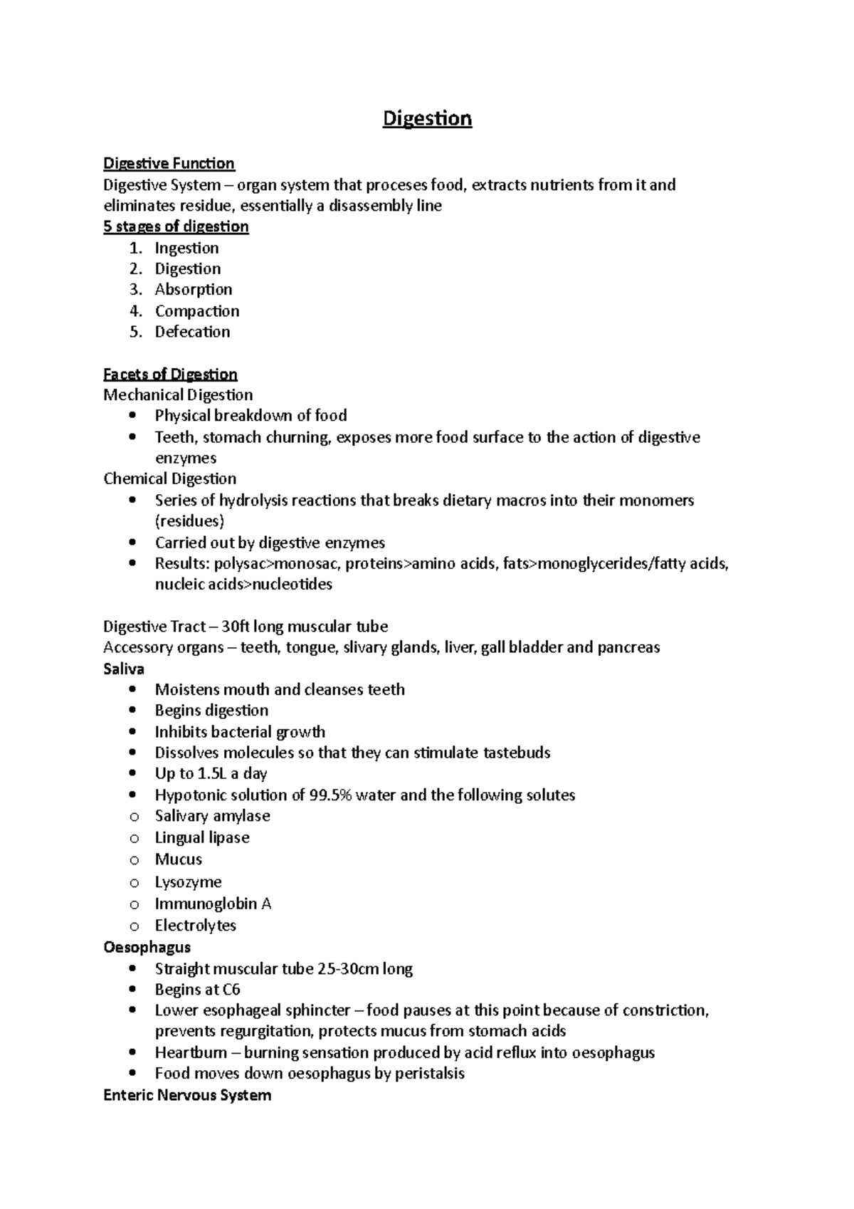 Digestion Lecture Notes for 2018/2019 - Digestion Digestive Function ...