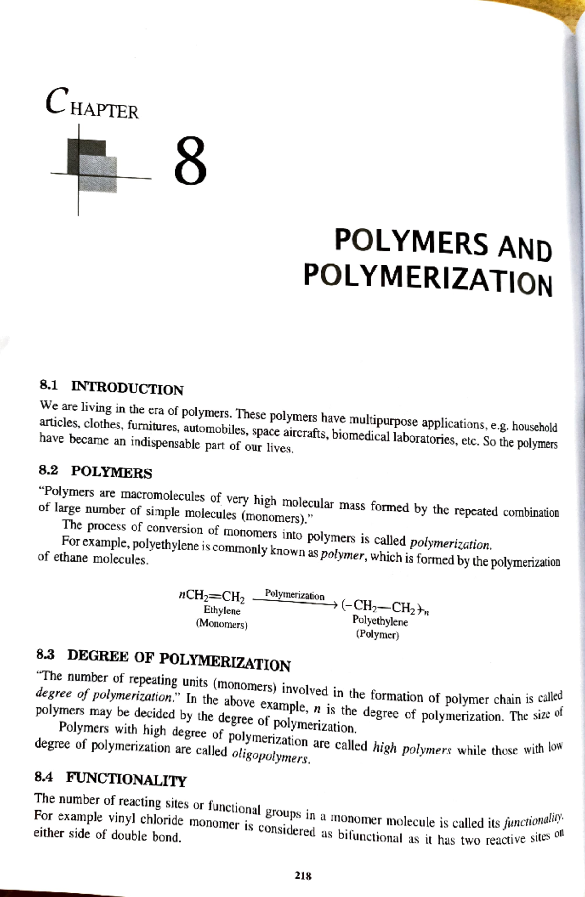 CHF-102 Unit-2 Polymer - CHAPTER 8 POLYMERS AND POLYMERIZATION 8 ...