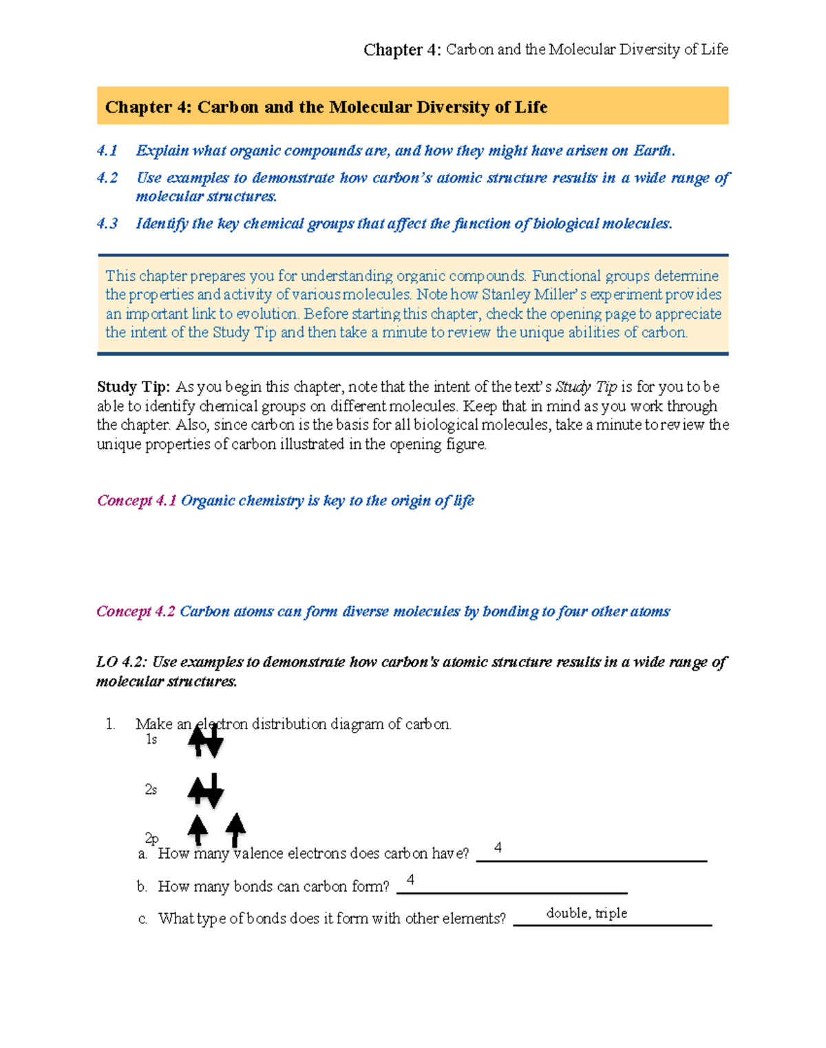 Active Reading Notes 04 Short - Chapter 4: Carbon and the Molecular ...