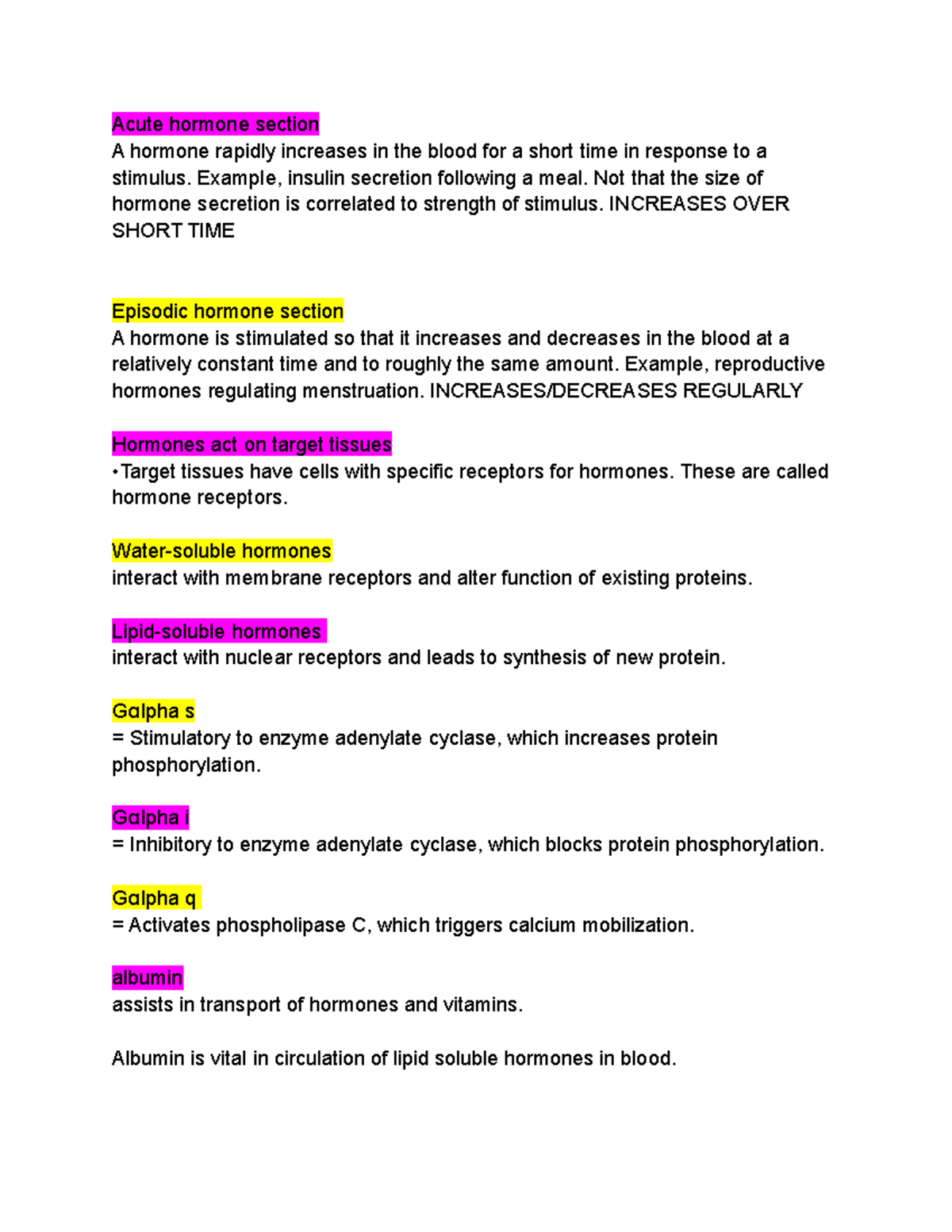 exam 1 review notes - Acute hormone section A hormone rapidly increases ...