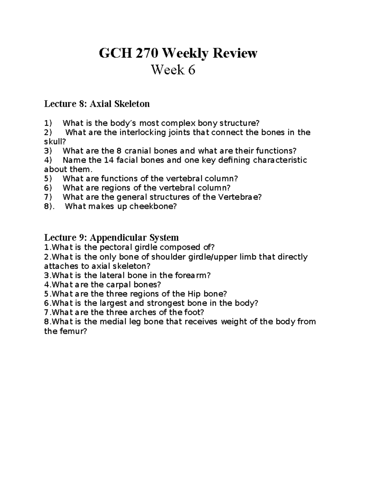 review week 6- GCH 270 - GCH 270 Weekly Review Week 6 Lecture 8: Axial ...