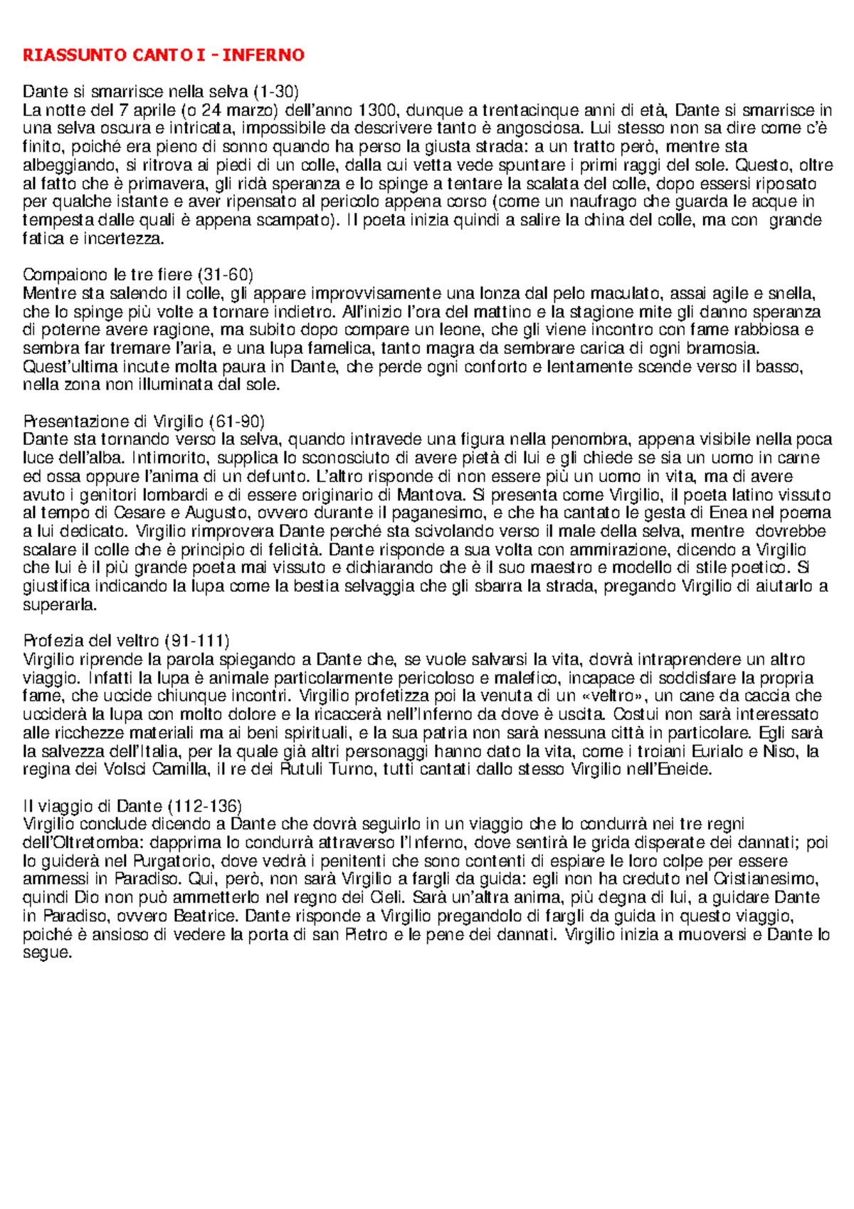 Riassunto Canto I - Inferno - RIASSUNTO CANTO I - INFERNO Dante si ...