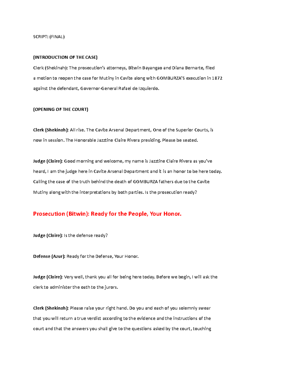 Cavite mutiny mock trial - SCRIPT: (FINAL) (INTRODUCTION OF THE CASE ...