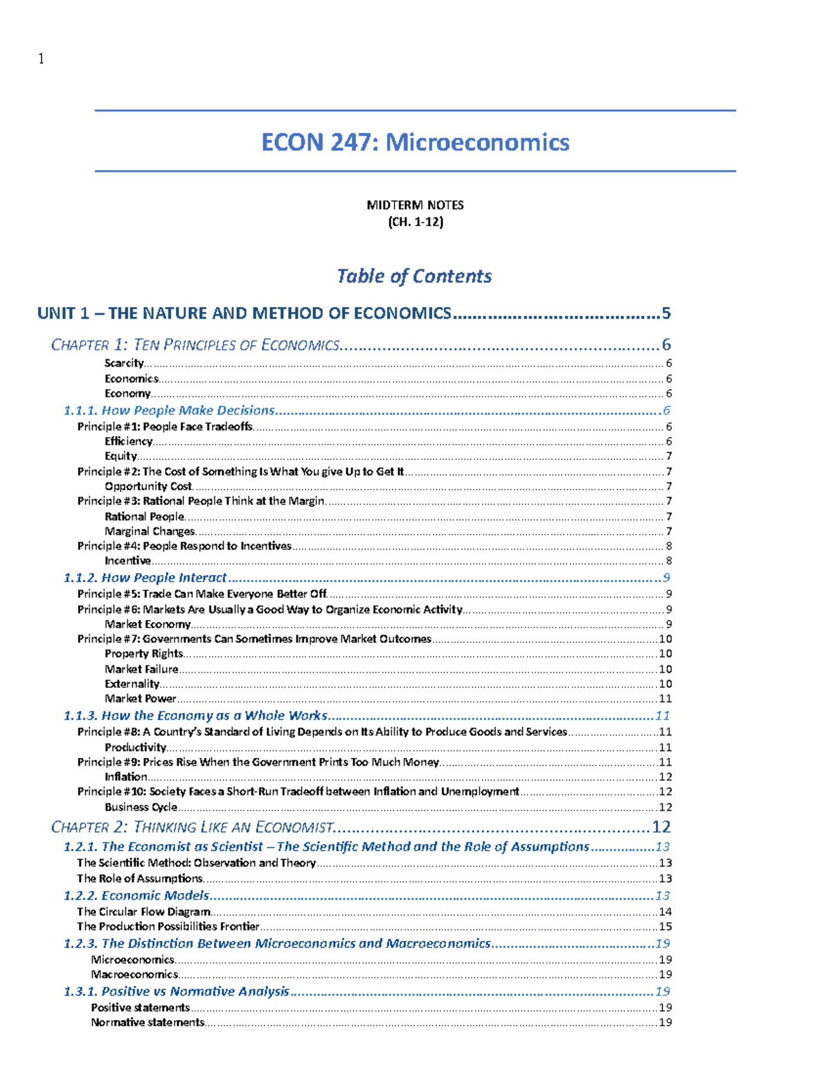 ECON 247 Notes (Up Until Midterm) - 1 ECON 247: Microeconomics MIDTERM ...