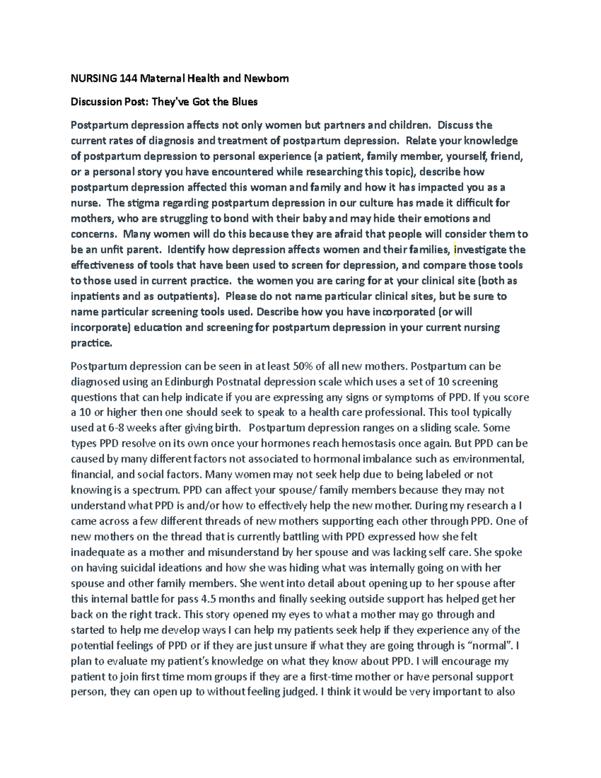 N144 Maternal Health Discussion 4 - NURSING 144 Maternal Health and ...