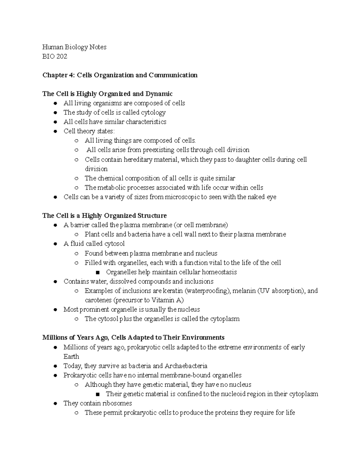 Bio Notes 3 - Human Biology Notes BIO 202 Chapter 4: Cells Organization ...