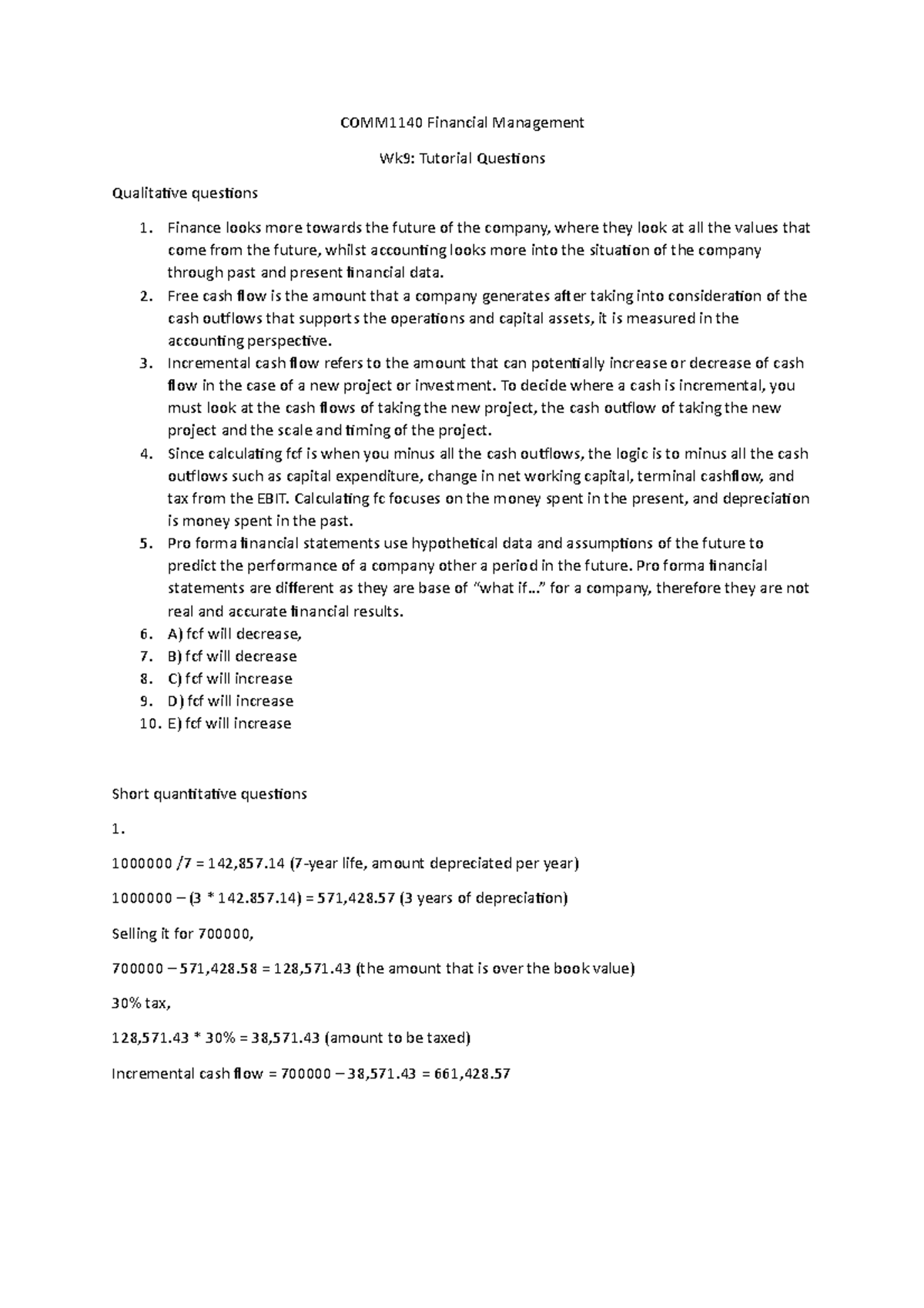COMM1140 HW Wk9 - hw answers for week9 - COMM1140 Financial Management Wk9: Tutorial Questions ...
