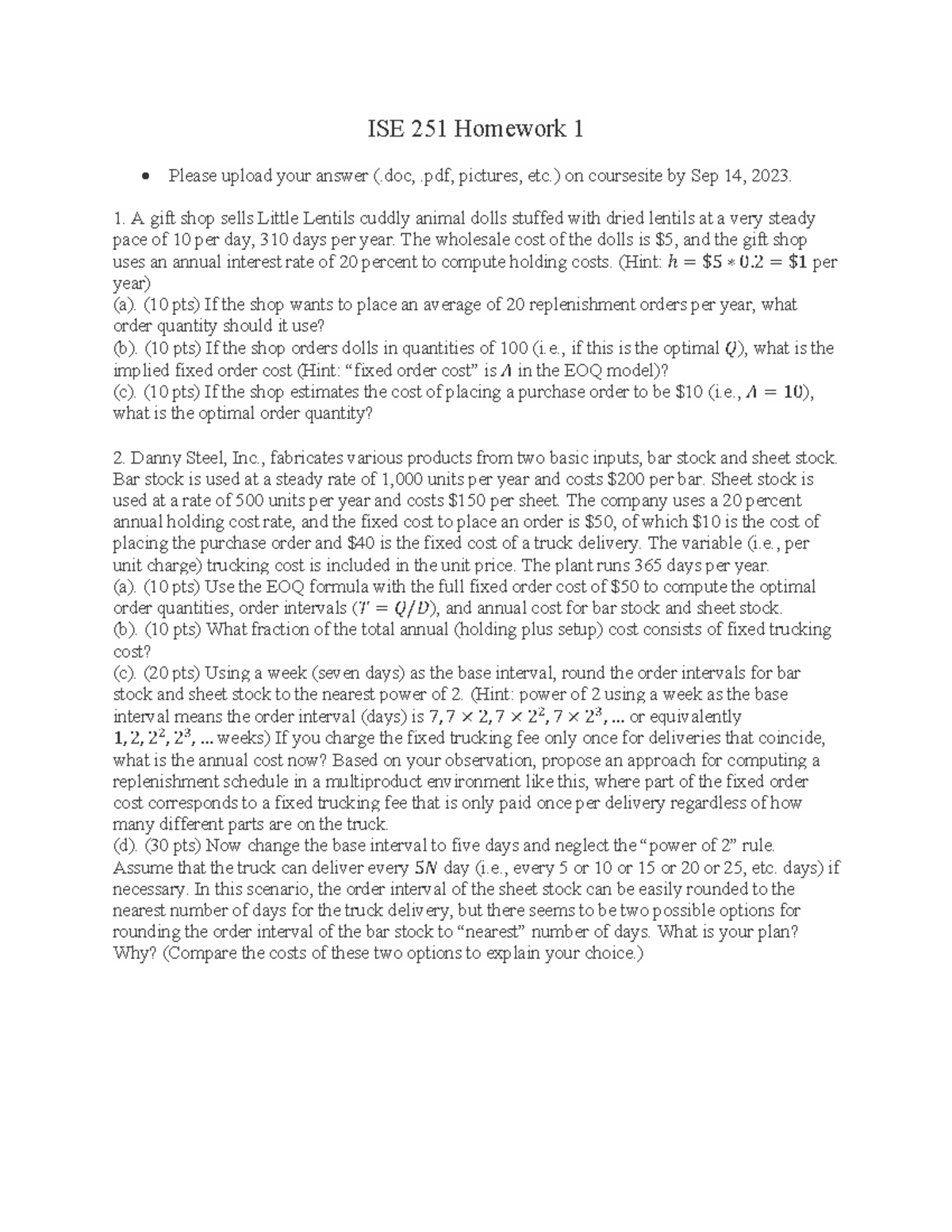 Homework #1 - IE HW 1 QAQC - ISE 251 Homework 1 Please upload your answer (.doc, .pdf, pictures ...