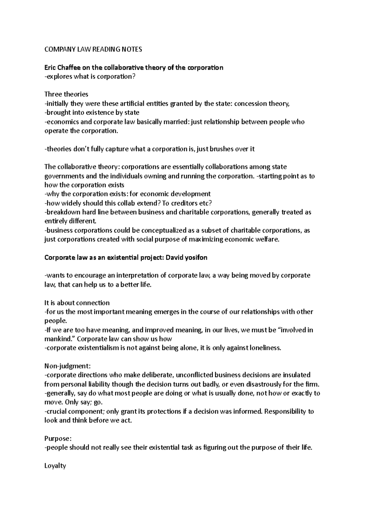 Company LAW Reading Notes - COMPANY LAW READING NOTES Eric Chaffee on ...