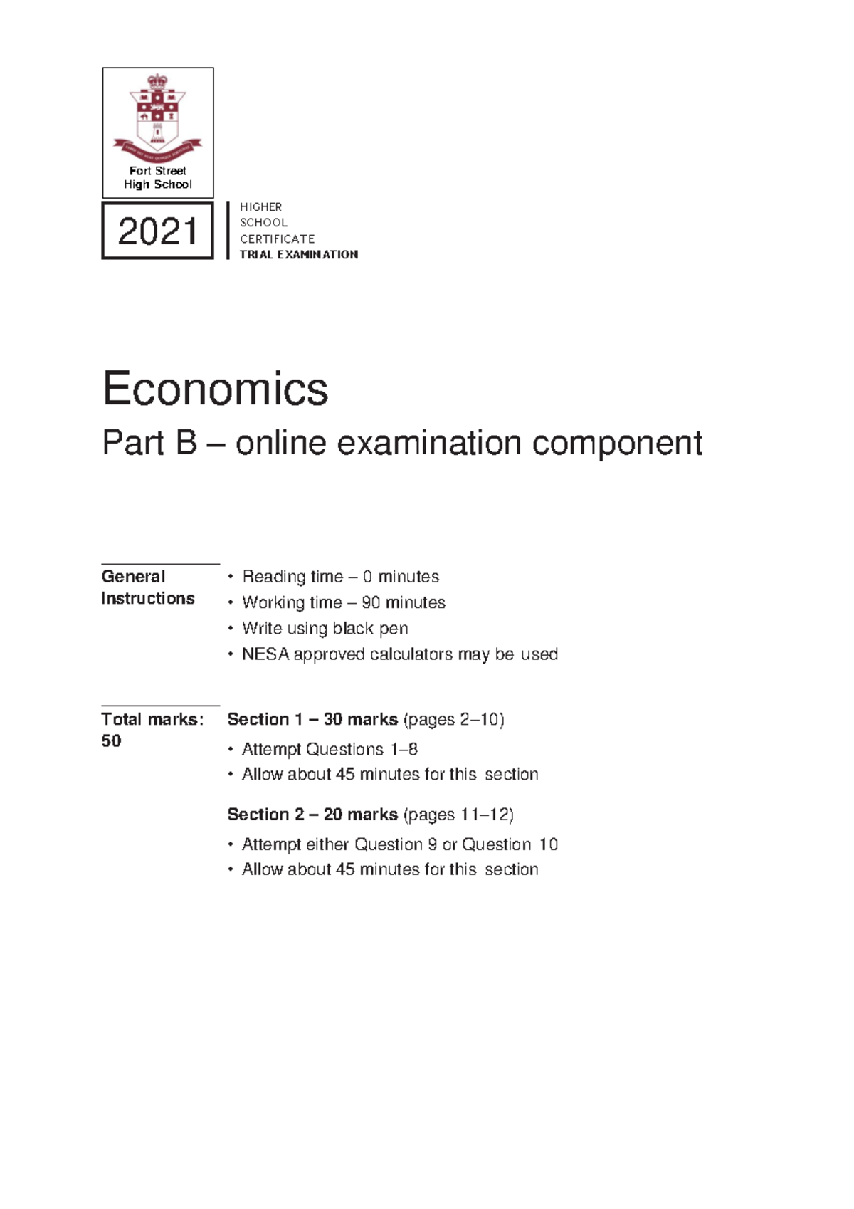 2021 fort st trial paper w solutions - HIGHER SCHOOL CERTIFICATE TRIAL EXAMINATION Economics ...