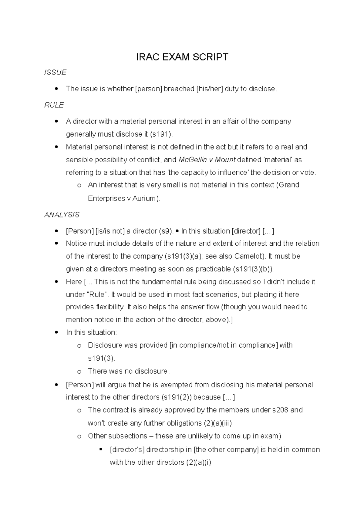 IRAC Exam Script - Exam Skeleton - IRAC EXAM SCRIPT ISSUE The issue is ...