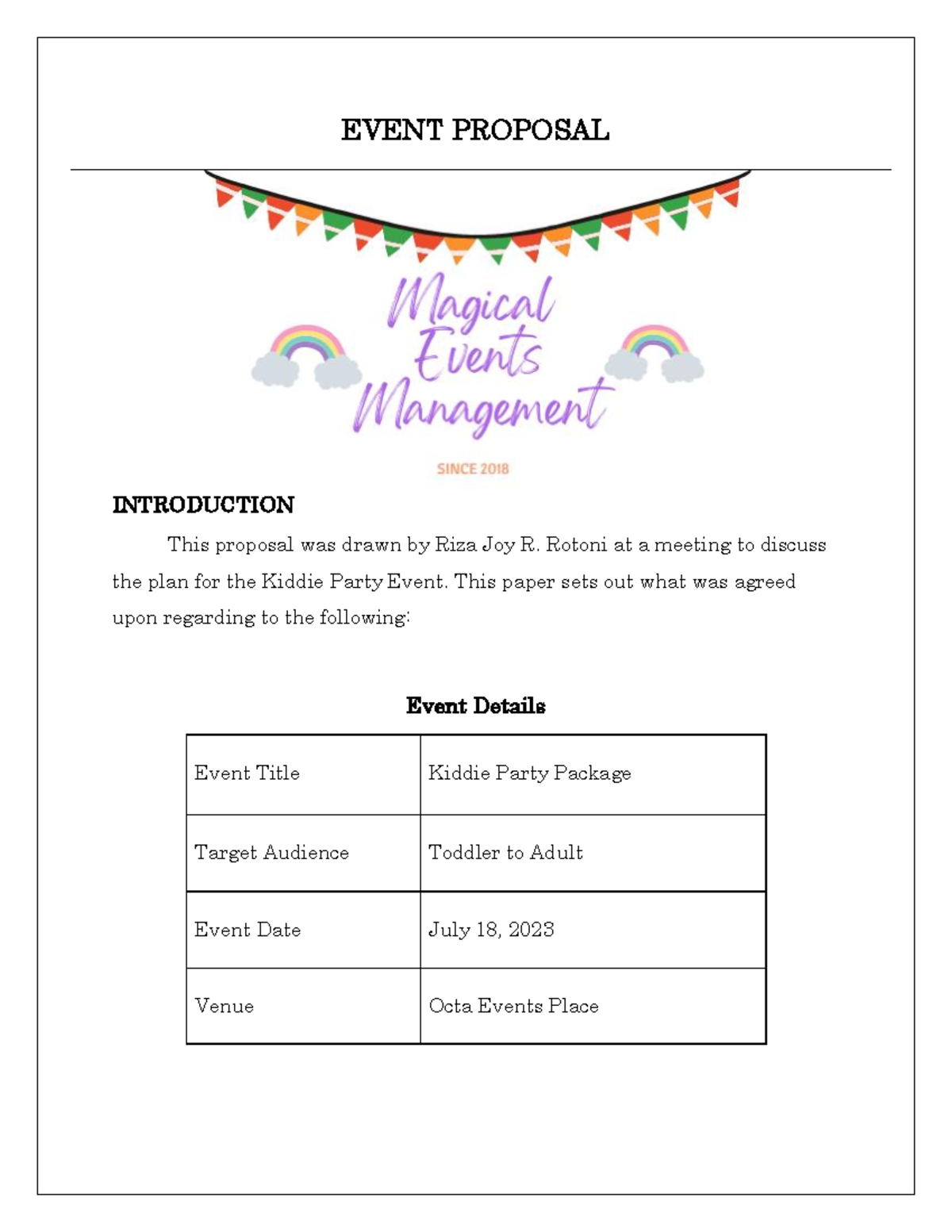 Rotoni RIZA Event Proposal - EVENT PROPOSAL INTRODUCTION This proposal ...