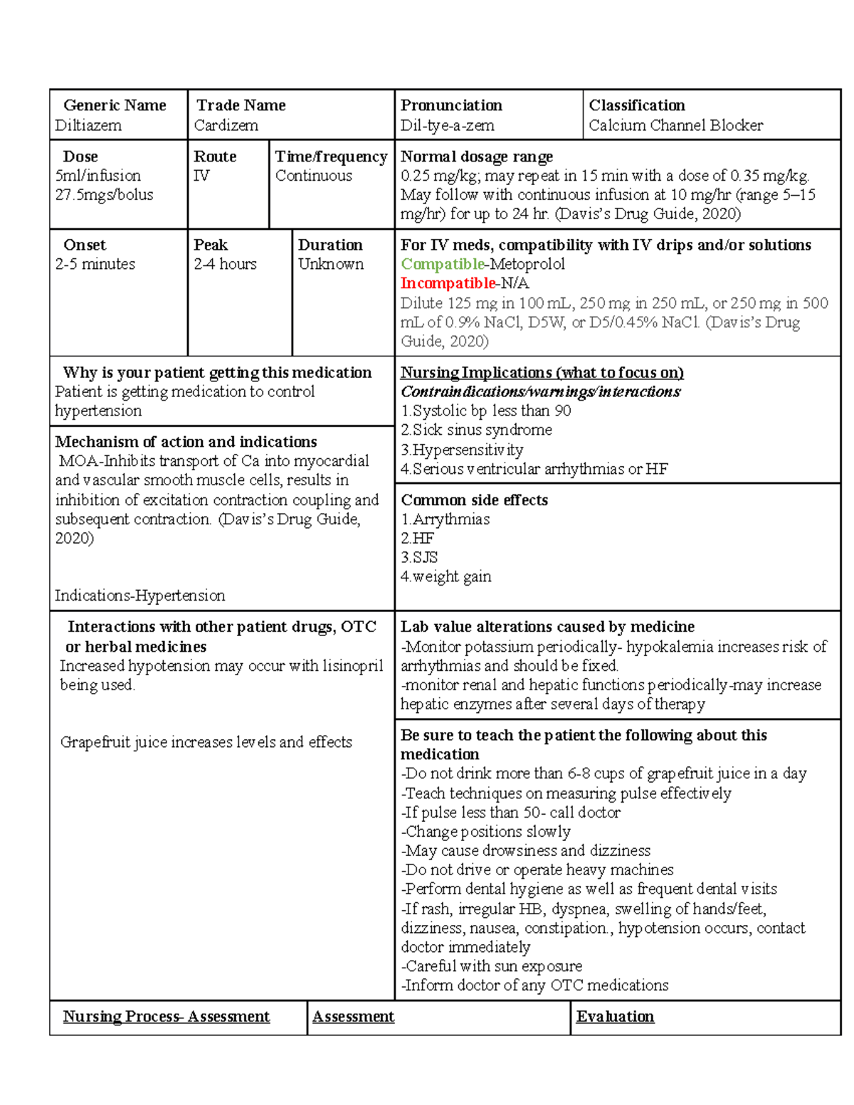 Cardizem IV - Assignment - Generic Name Diltiazem Trade Name Cardizem ...