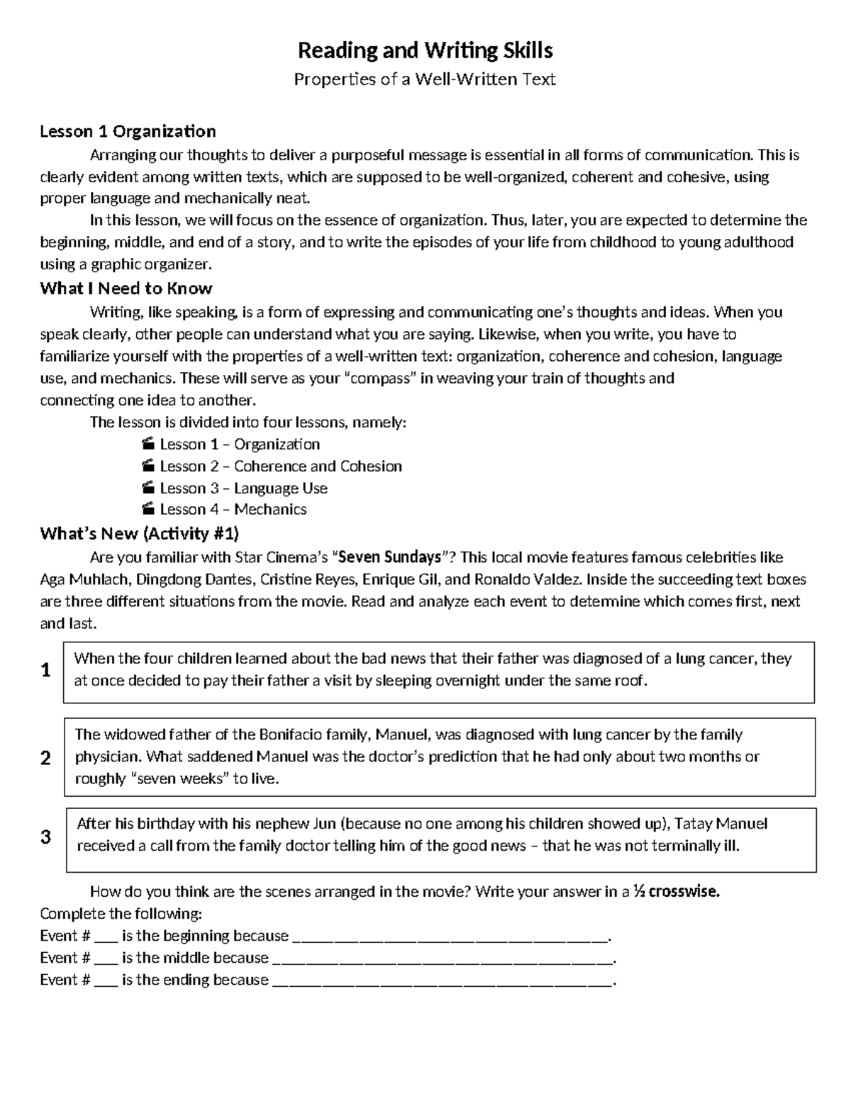 Lesson-1-Organization - Reading and Writing Skills Properties of a Well ...