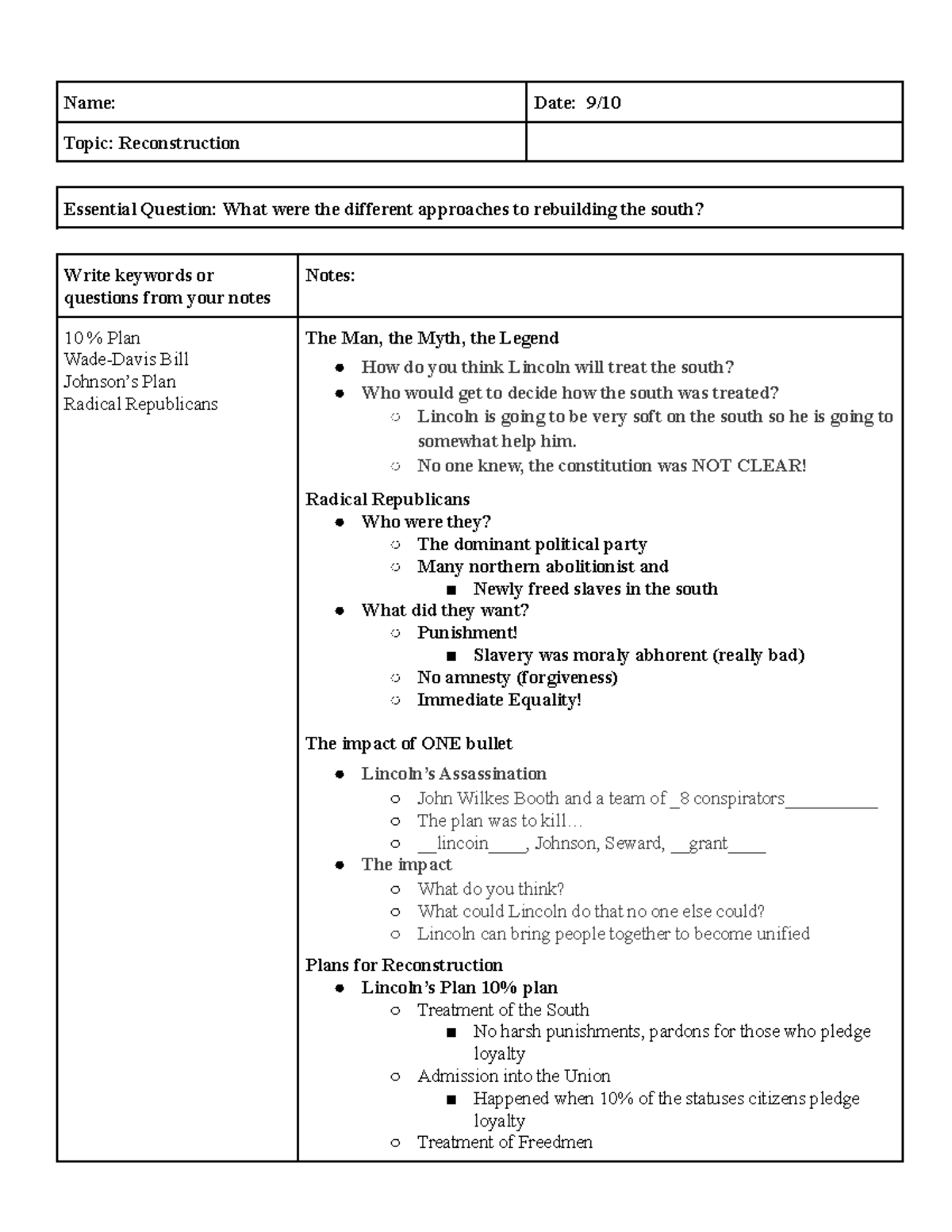 Plans for reconsturction history - Name: Date: 9/ Topic: Reconstruction ...