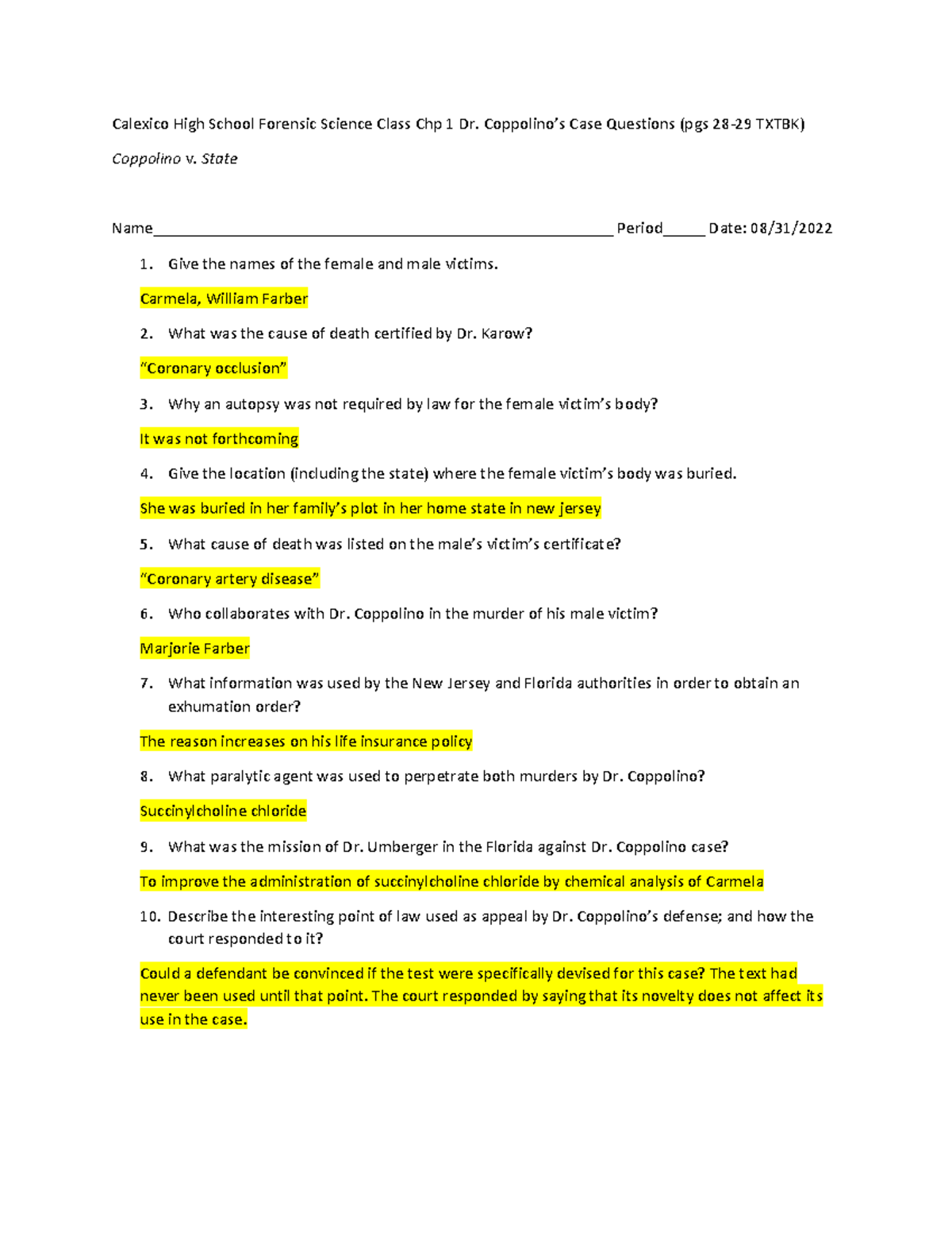 Chp 1 Dr Coppolino's Case Q's - Calexico High School Forensic Science ...