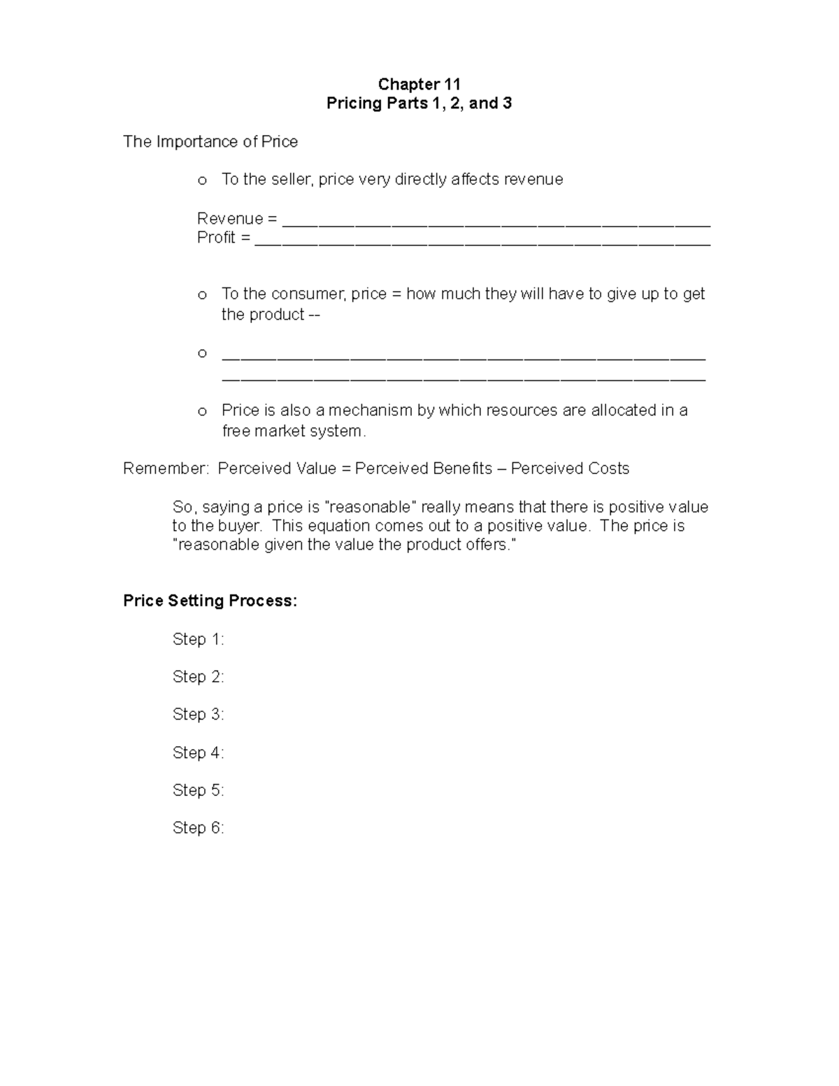 Pricing Notes outline Chap 11 Hunt 3 - Chapter 11 Pricing Parts 1, 2 ...