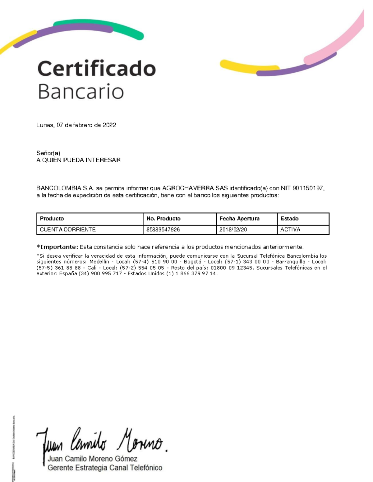Certificado Bancario 2022 - Lunes, 07 de febrero de 2022 Señor(a) A ...