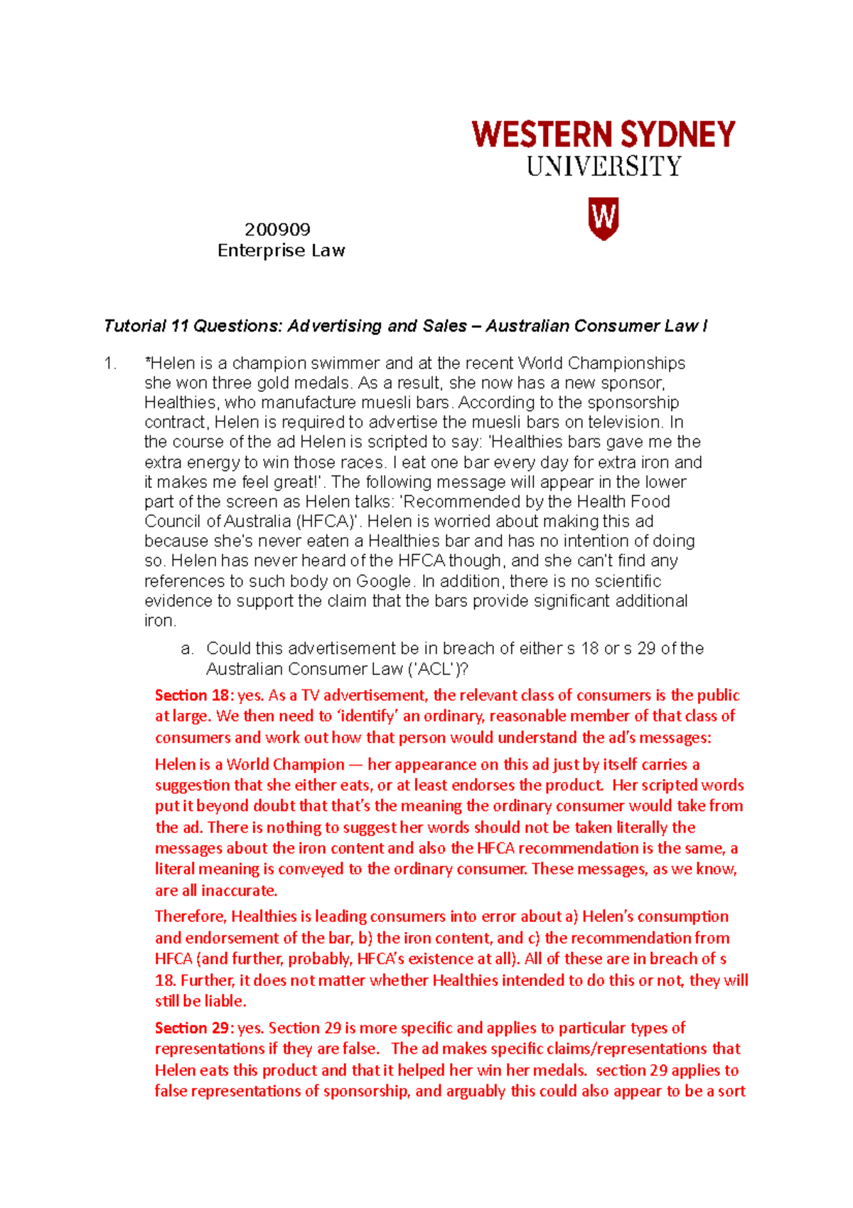 Consumer Law Tutorial answers(1)-2 - 200909 Enterprise Law Tutorial 11 ...