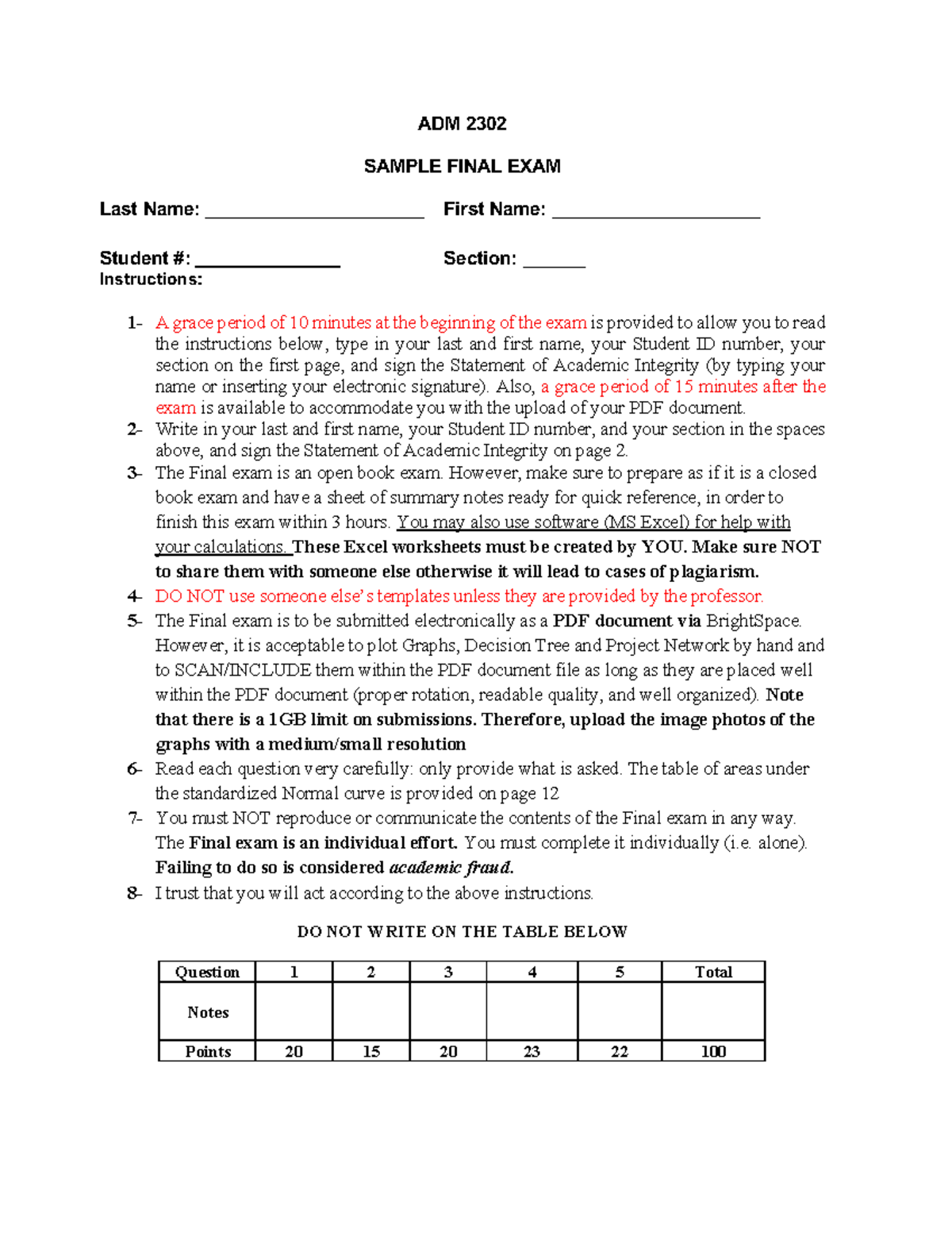 1. Sample Final Exam - ADM 2302 SAMPLE FINAL EXAM Last Name ...